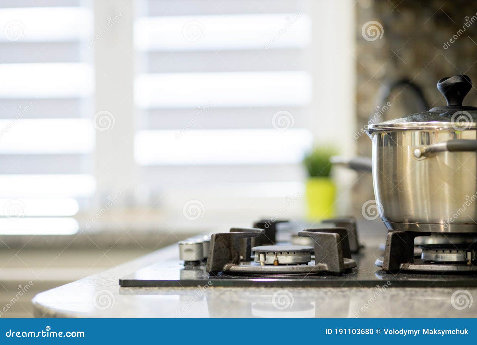 Pan on the Stove in Kitchen Interior Home Stock Photo - Image of cook ...