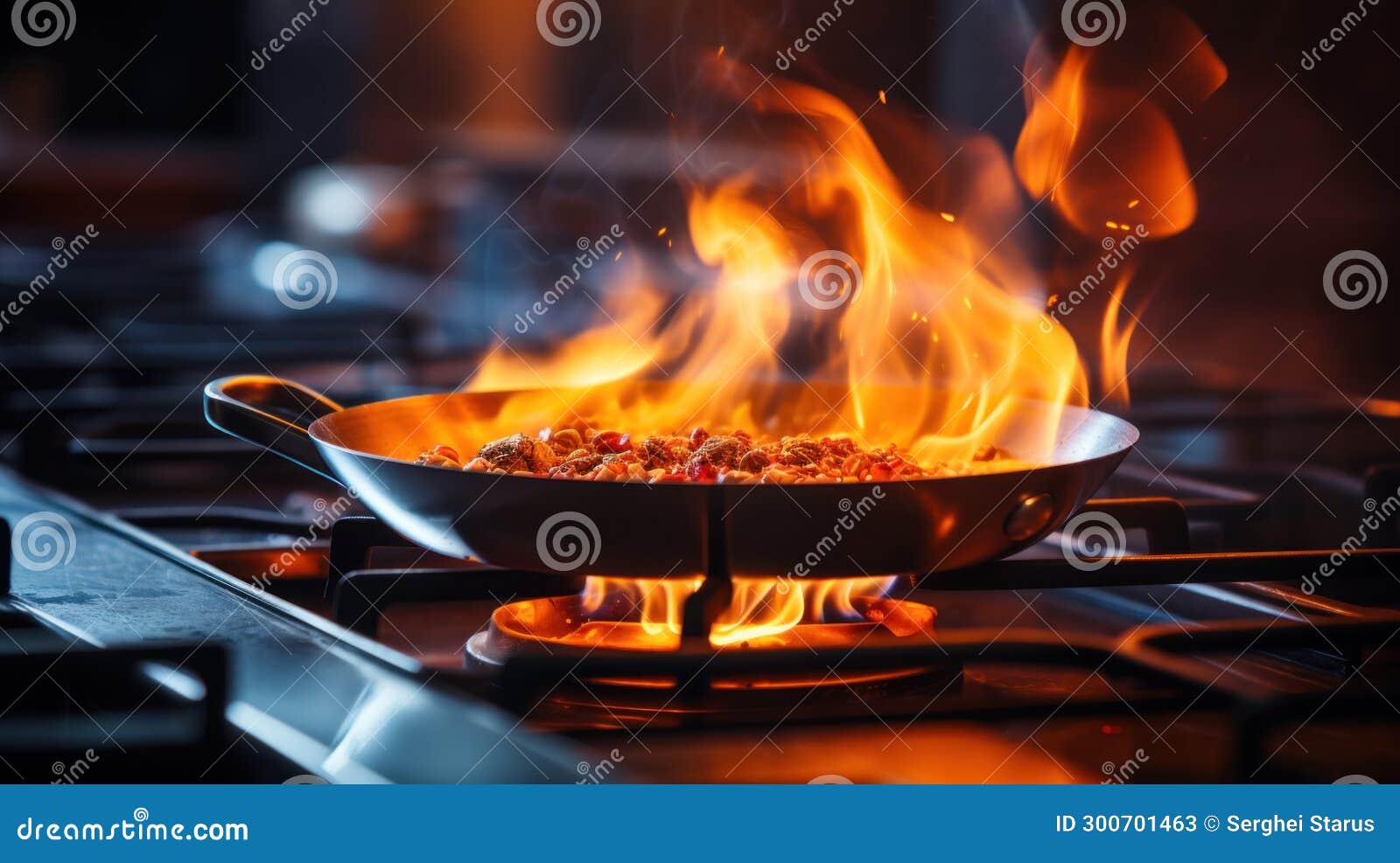 A Pan of a Wok is on Fire in the Kitchen, AI Stock Illustration ...
