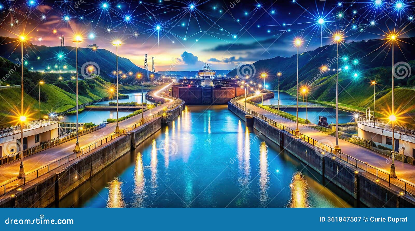 Panama Canal Locks System at Night a Detailed Illuminated Schematic ...