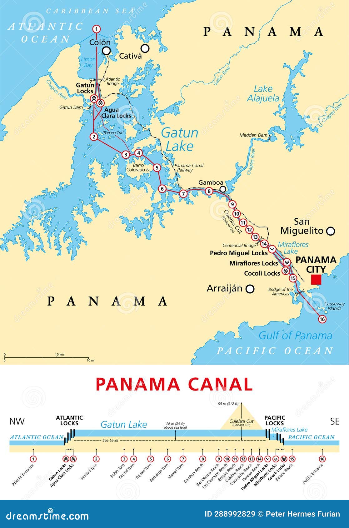 Panama Canal, Political Map and Schematic Diagram of Locks and Passages ...