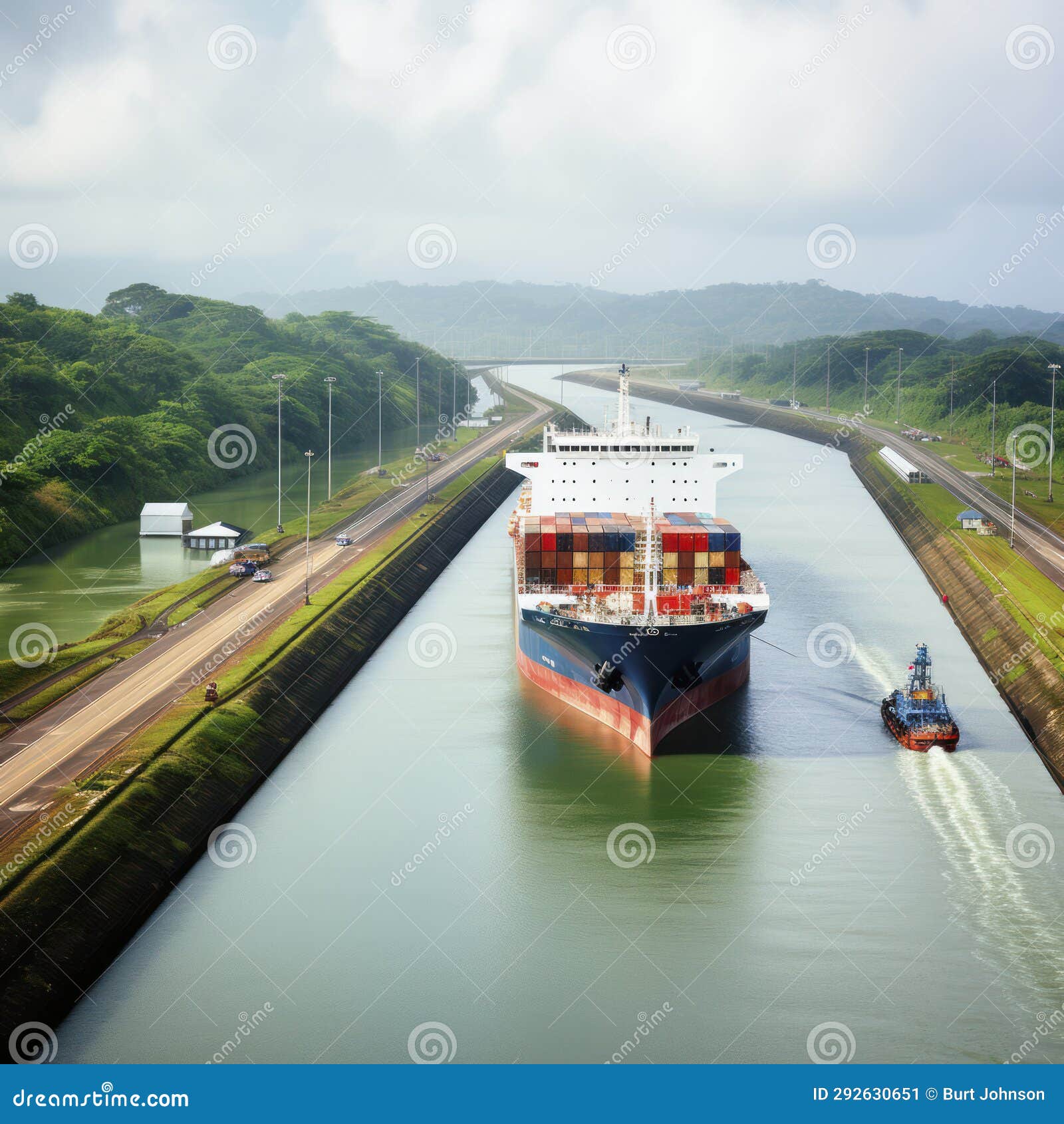 Panama Canal with Ship Passing through Stock Illustration ...