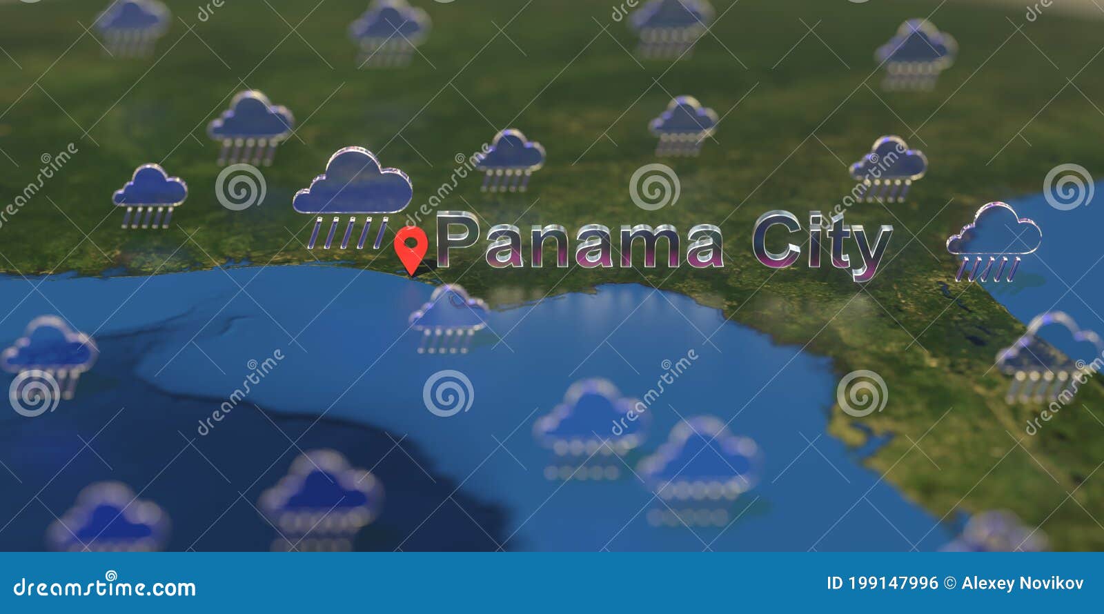 Panama City and Rainy Weather Icon on the Map, Weather Forecast Related ...