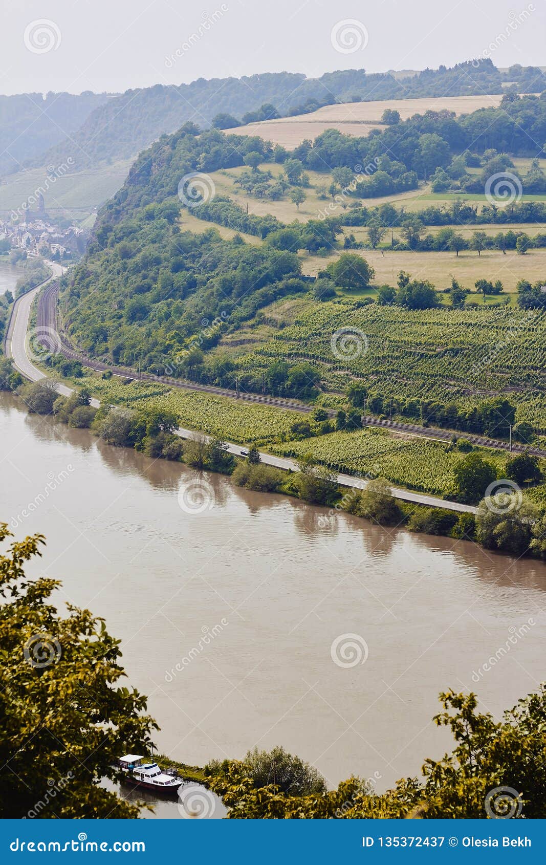 Panaramic View from Above To the Mosel River and Hills Covered with ...