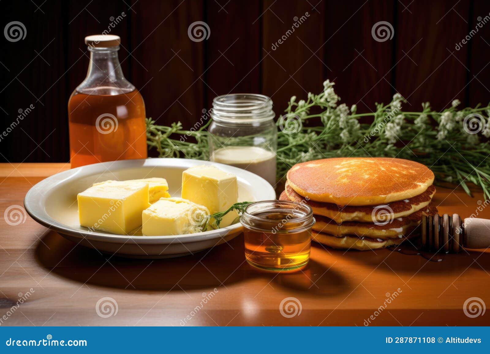 Pancake Breakfast Setup with Syrup and Butter Stock Photo - Image of ...