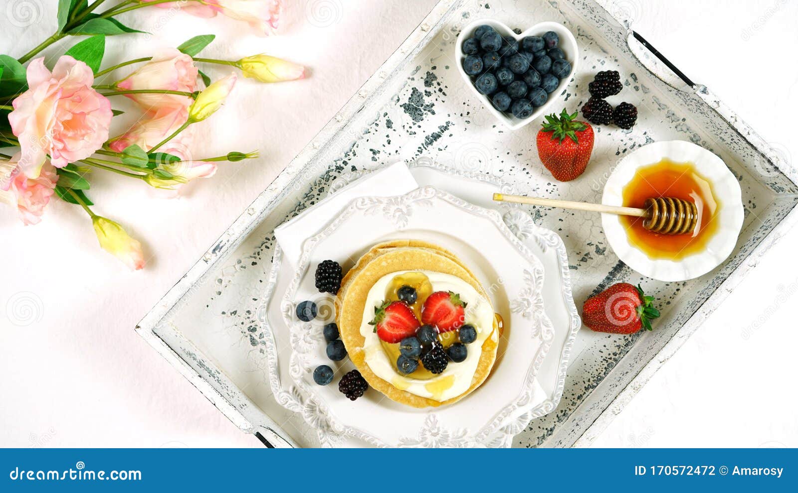 Pancake Breakfast Tray on Table with Syrup and Blueberries Fruit Flat ...