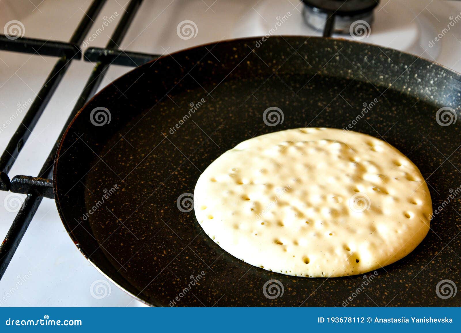 Pancake Burn on the Pan, Homemade Pancake Fried in a Pan in the Kitchen ...
