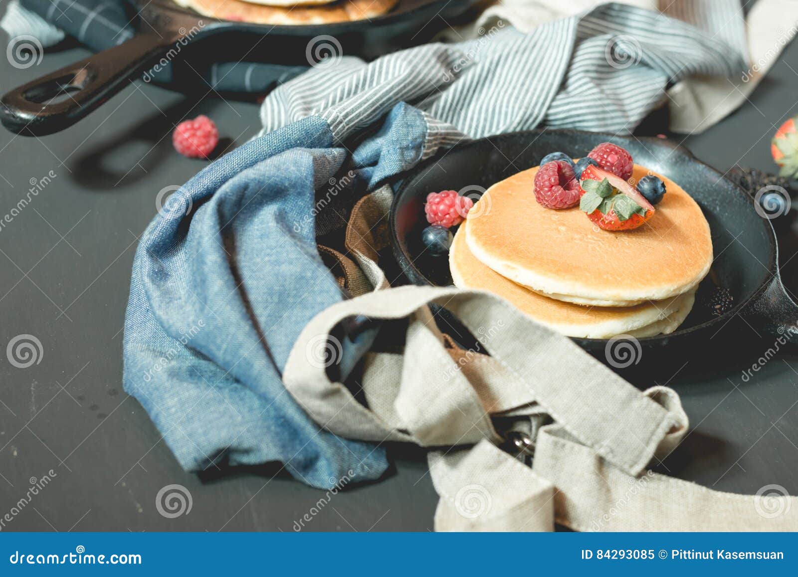 Pancake with Fresh Fruit and Berry Stack on Pan Stock Image - Image of ...