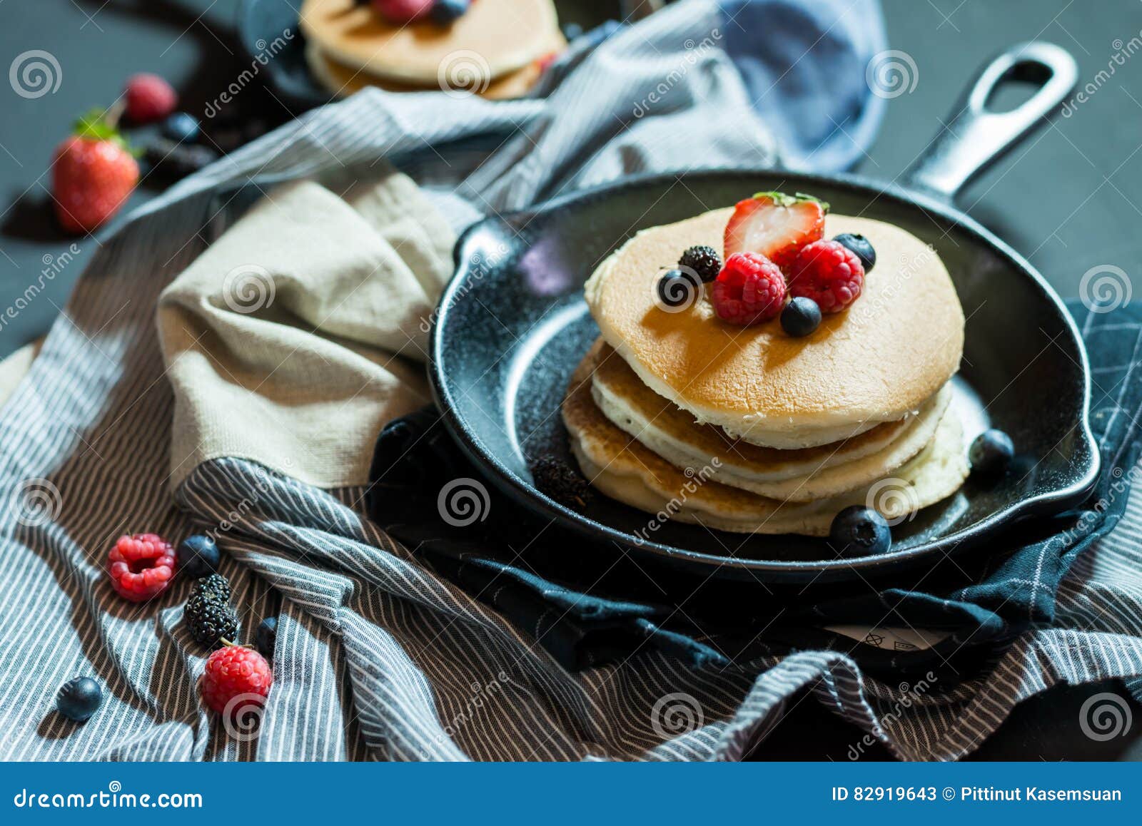 Pancake with Fresh Fruit and Berry Stack on Pan Stock Image - Image of ...