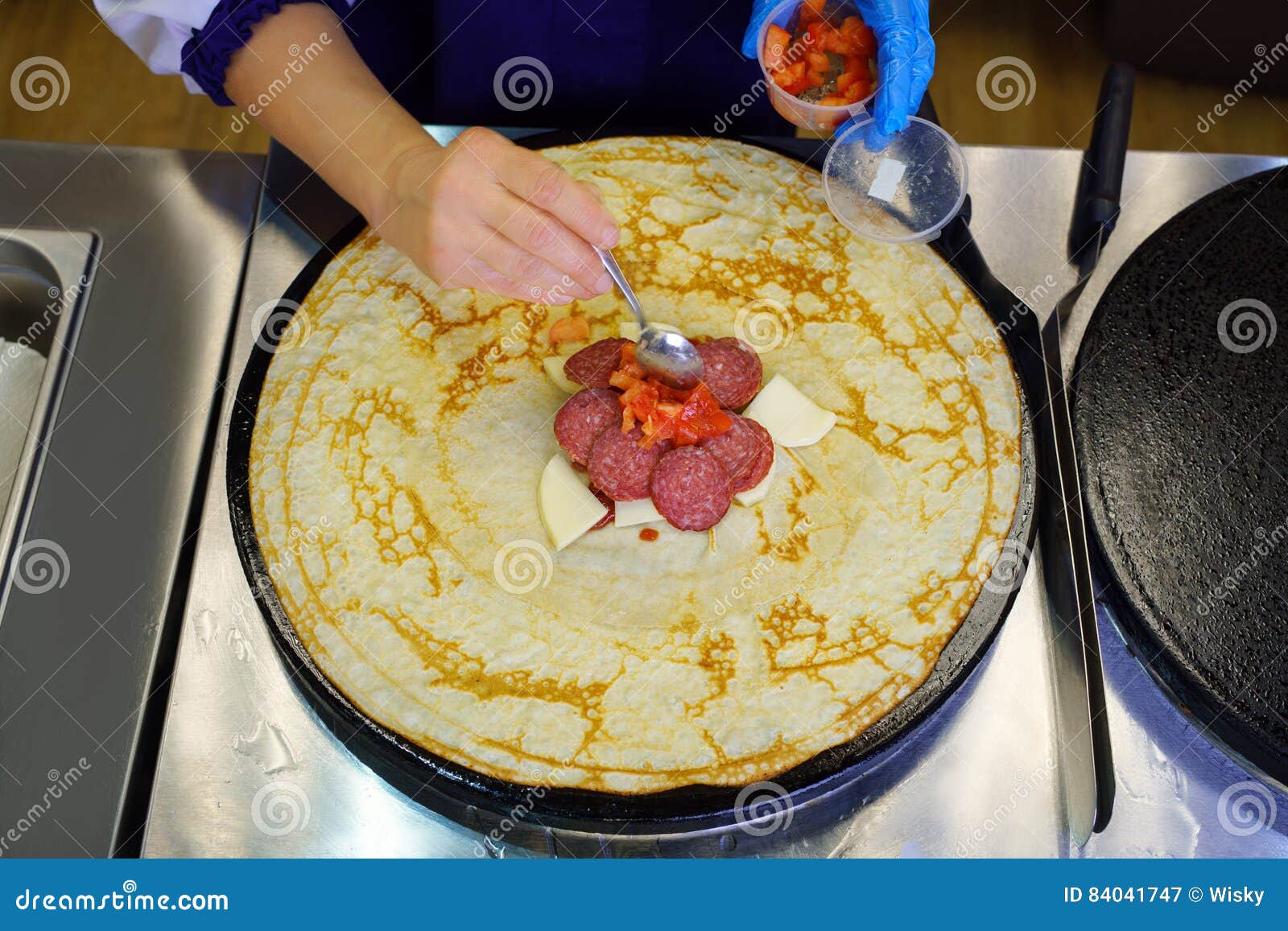 Pancake on Frying Pan View from Above in a Cafe Stock Image - Image of ...