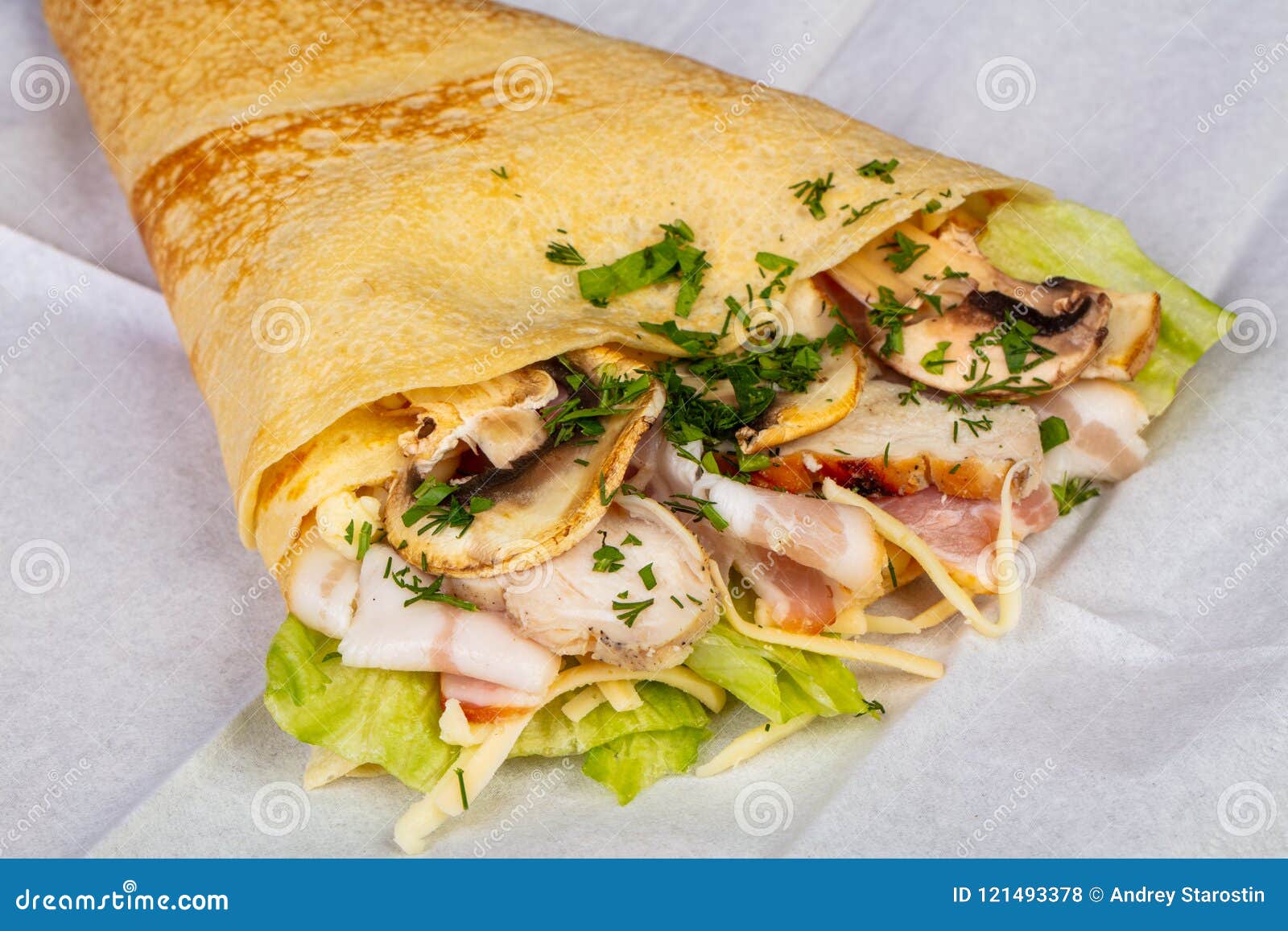 Pancake with ham stock photo. Image of mushrooms, dish - 121493378