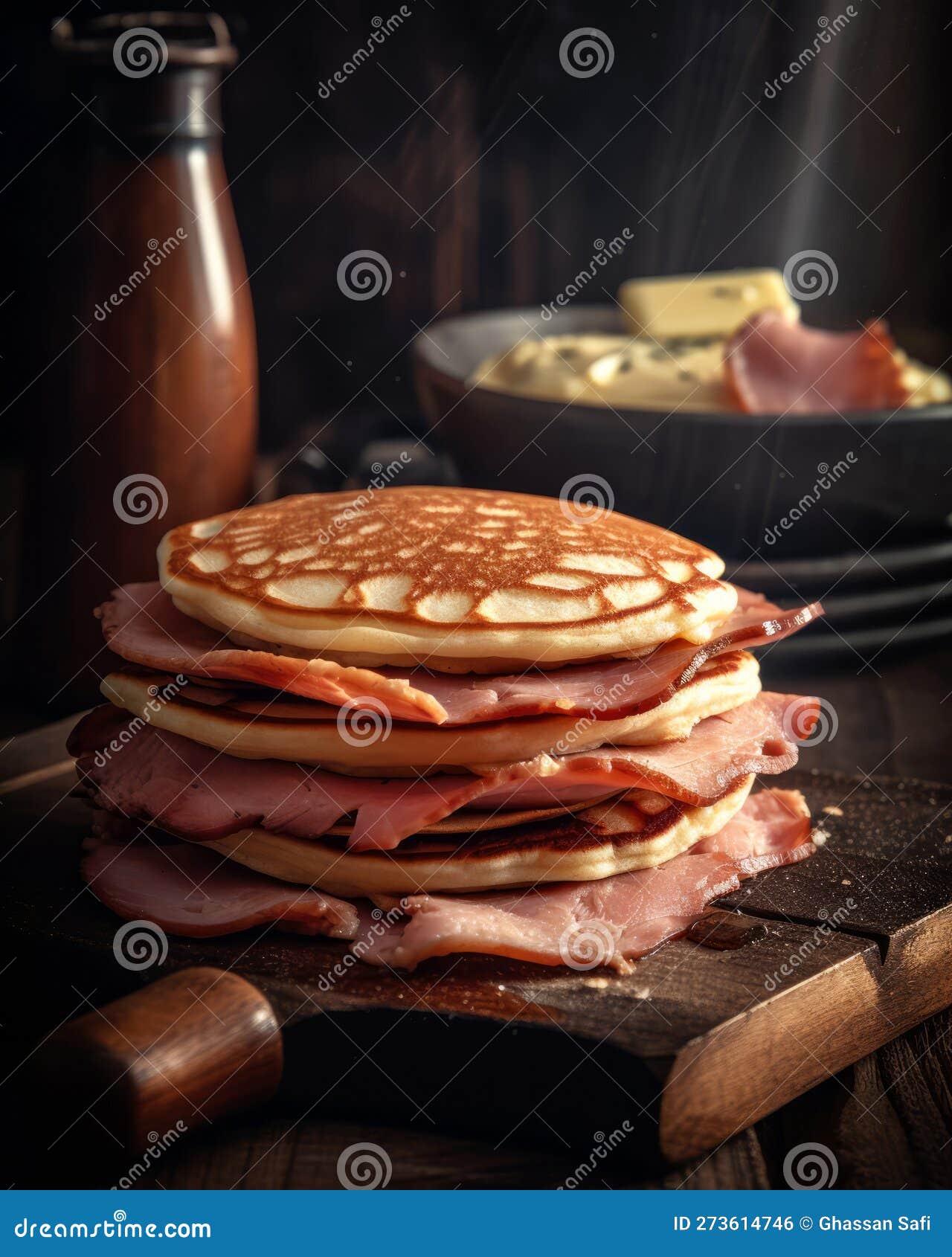 A Pancake with Ham Slices on Rustic Wooden Board Stock Illustration ...