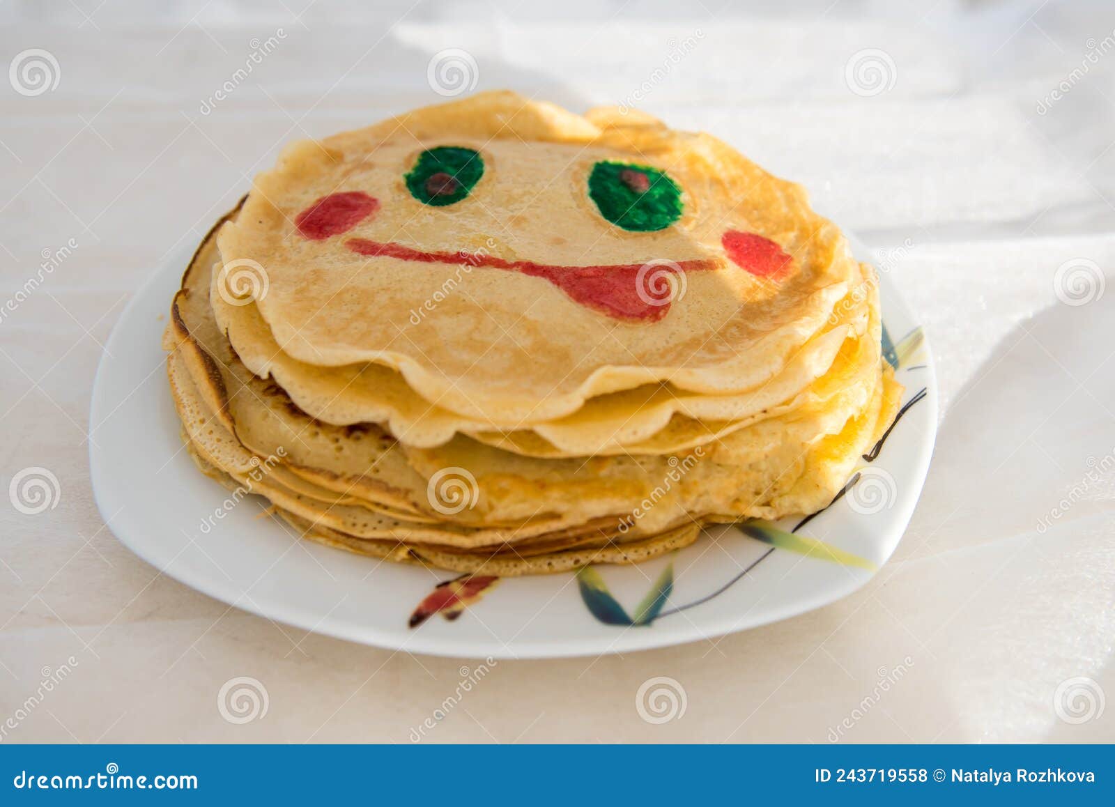 The pancake is smiling. stock photo. Image of pancakes - 243719558