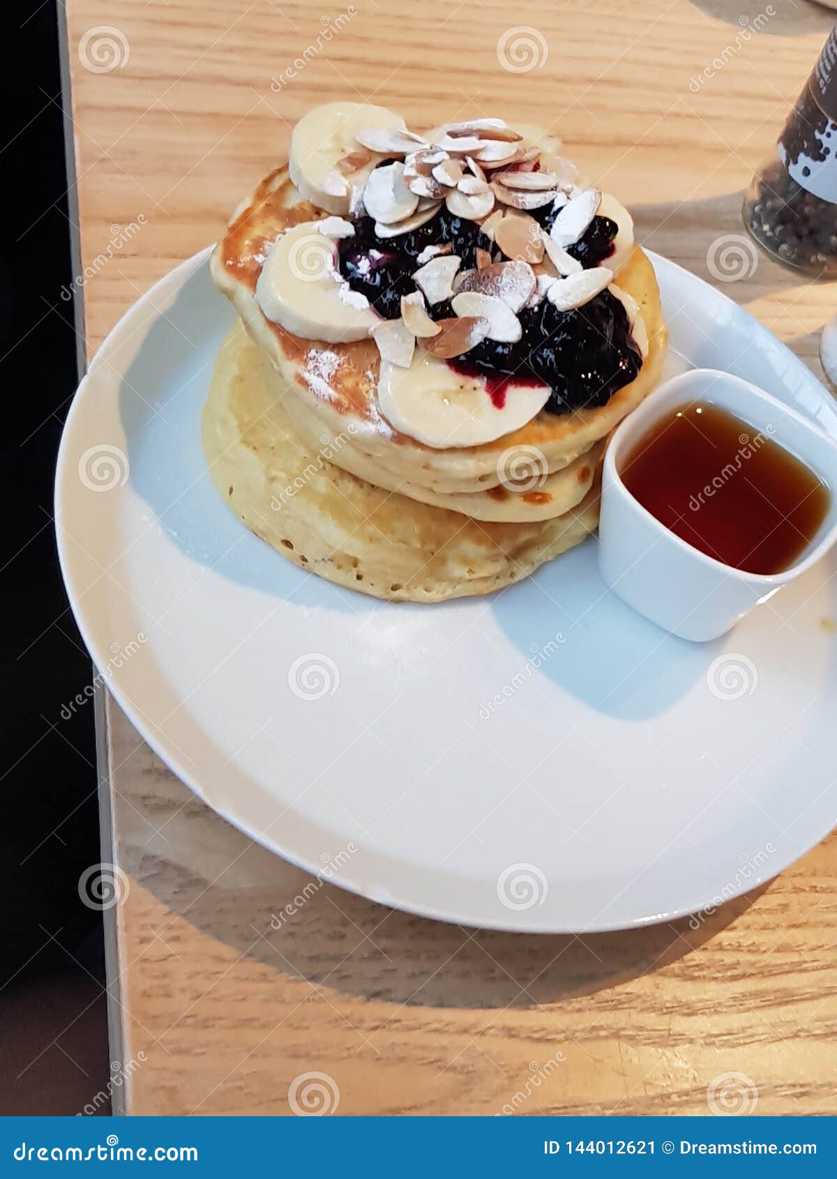 Pancake Stack with Bananas, Blueberry Jam and Maple Syrup Stock Image ...