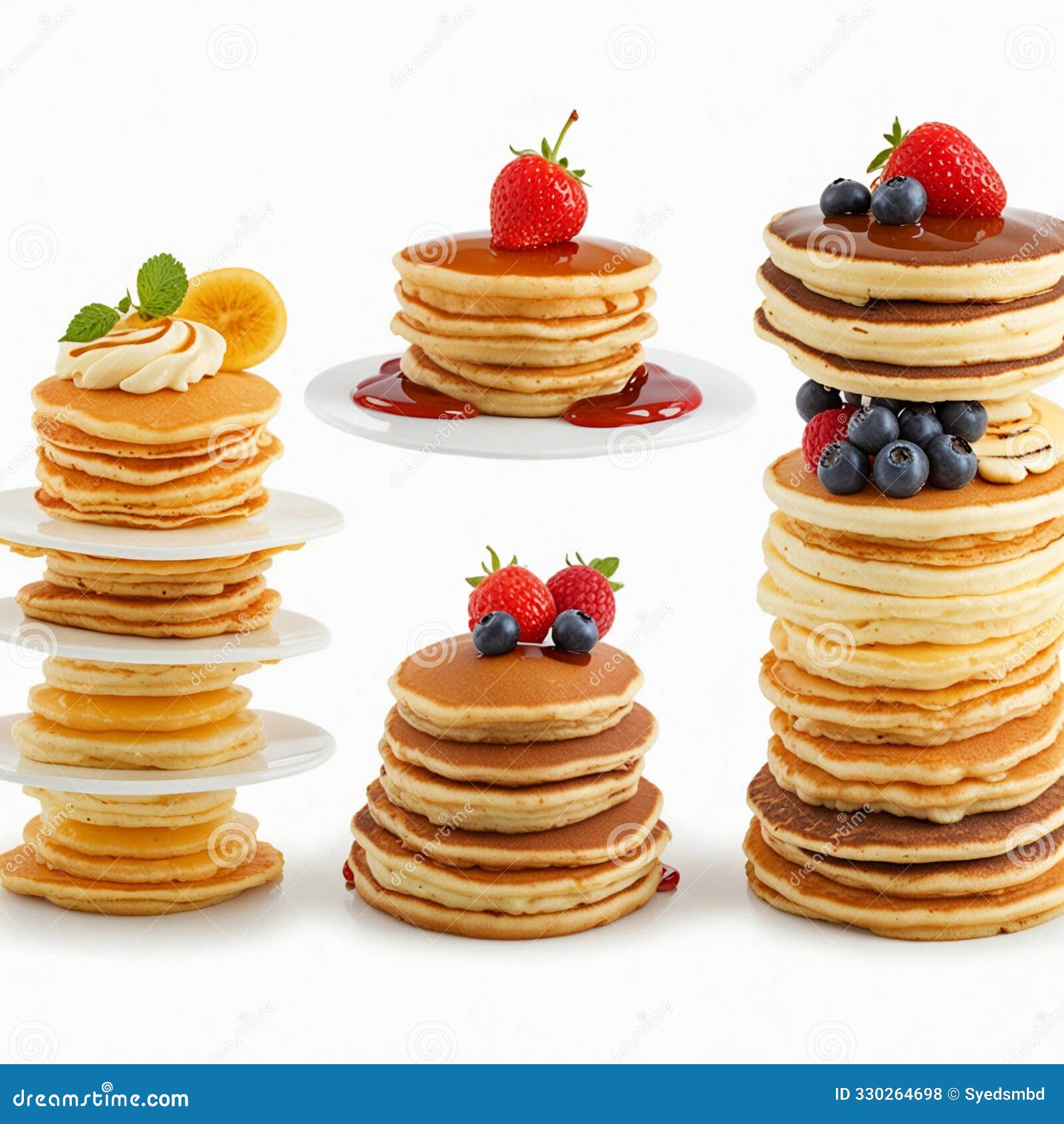 Pancake Stacks with Different Toppings, Isolated on White Background ...