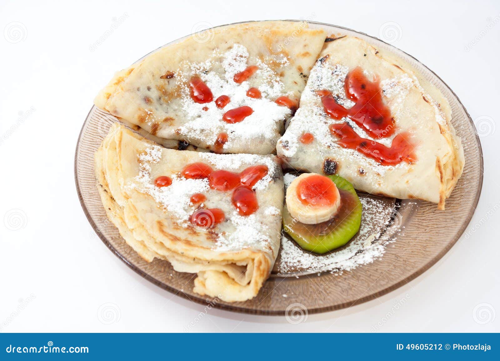 Pancake Triangles with Strawberry Syrup and Kiwi Stock Photo - Image of ...