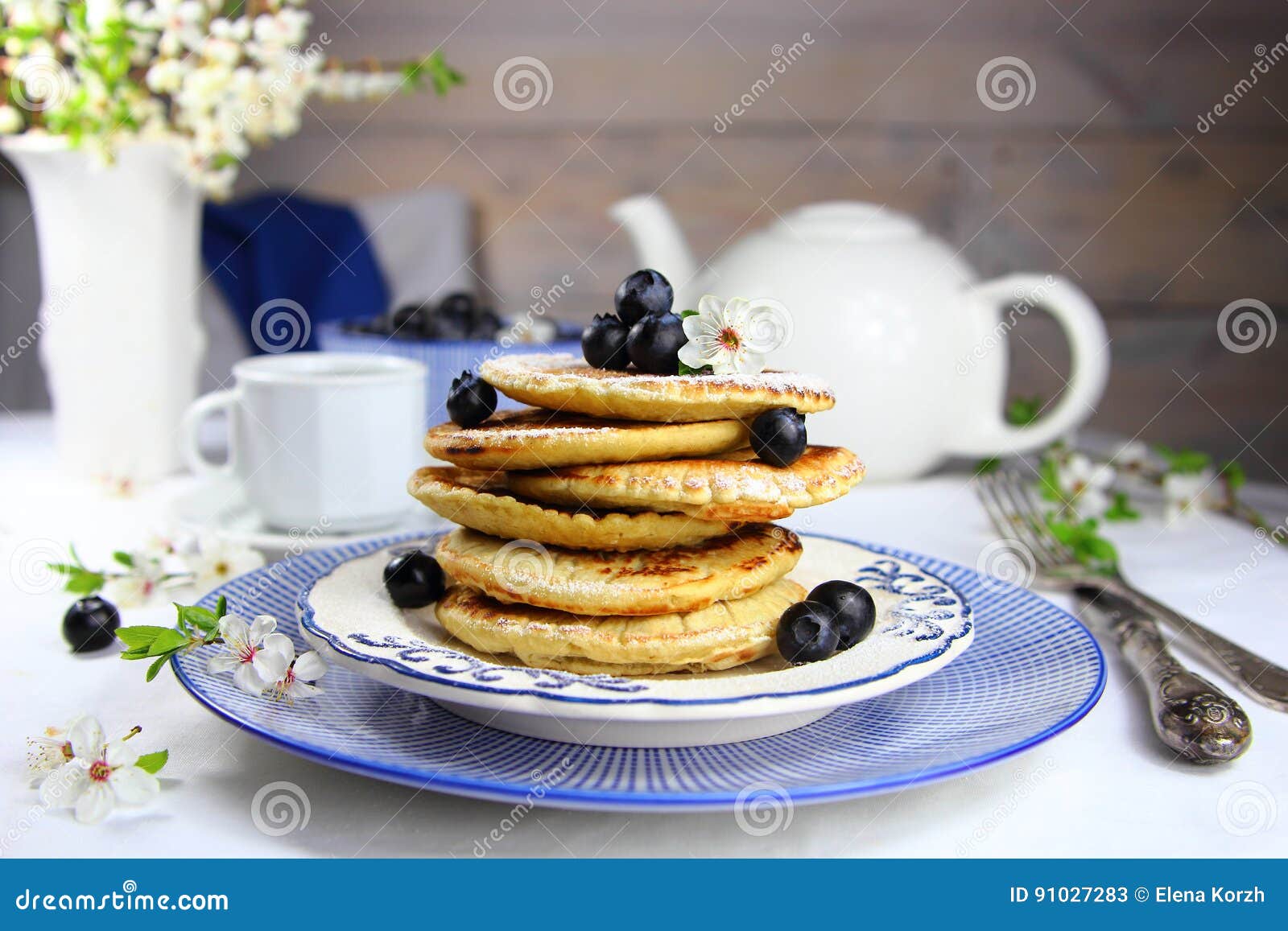 Pancakes with Blueberry on a Blue Plate Stock Image - Image of nature ...