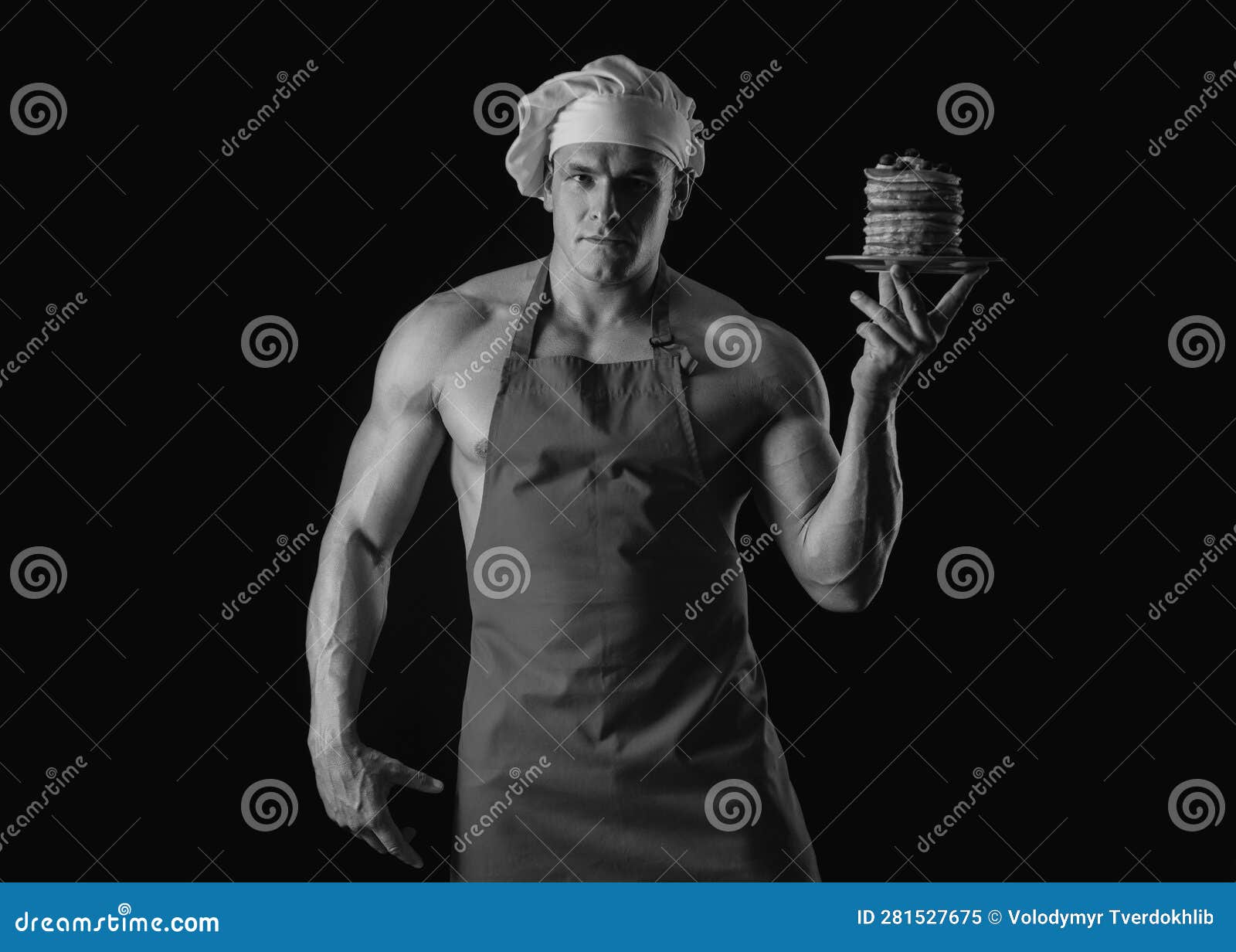 Pancakes on Breakfast. Chef Baker in Apron. Bakery Man. Stock Image ...