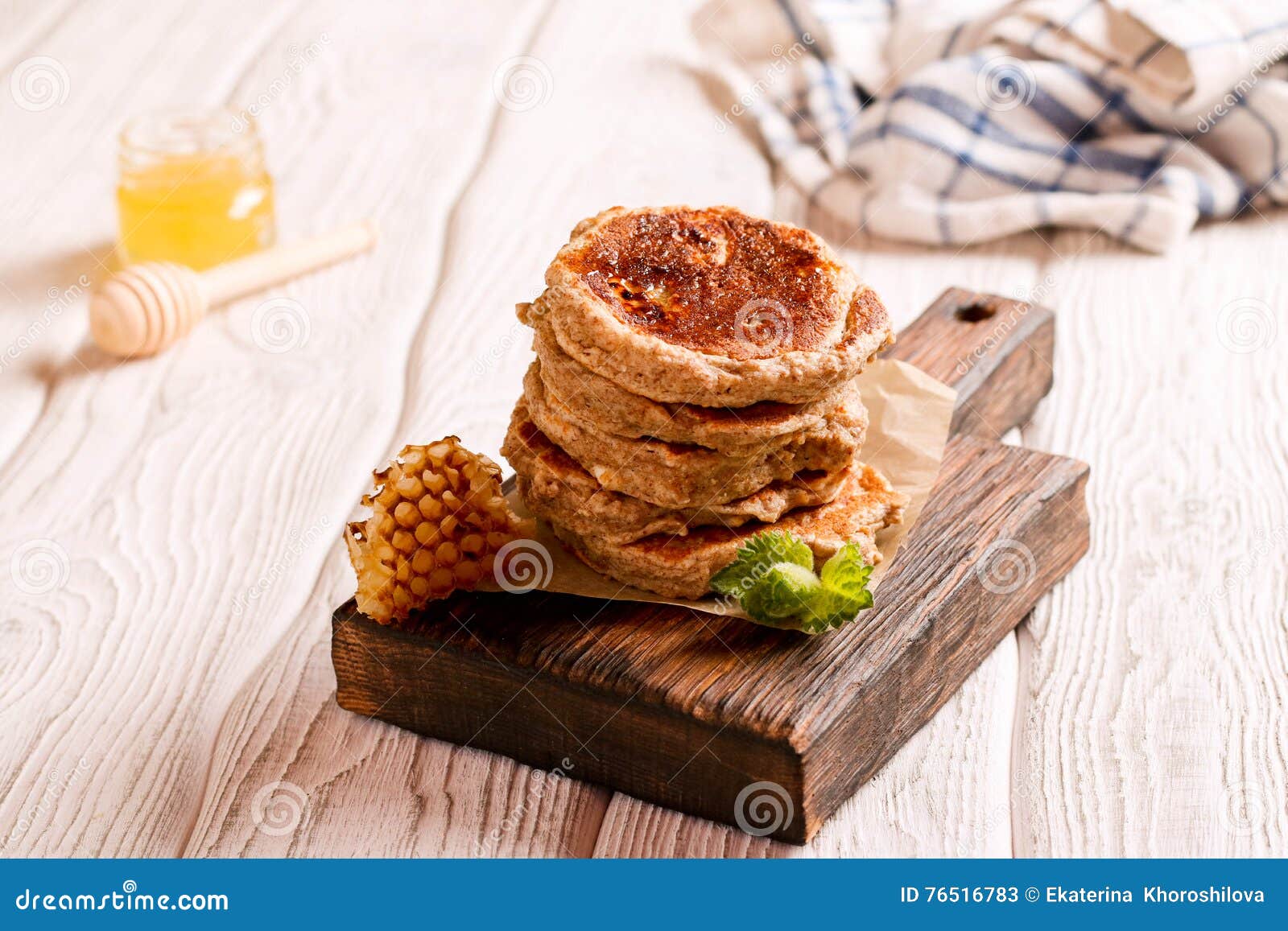 Pancakes with Honey, Decorated Mint for Breakfast, Horizontal Stock ...