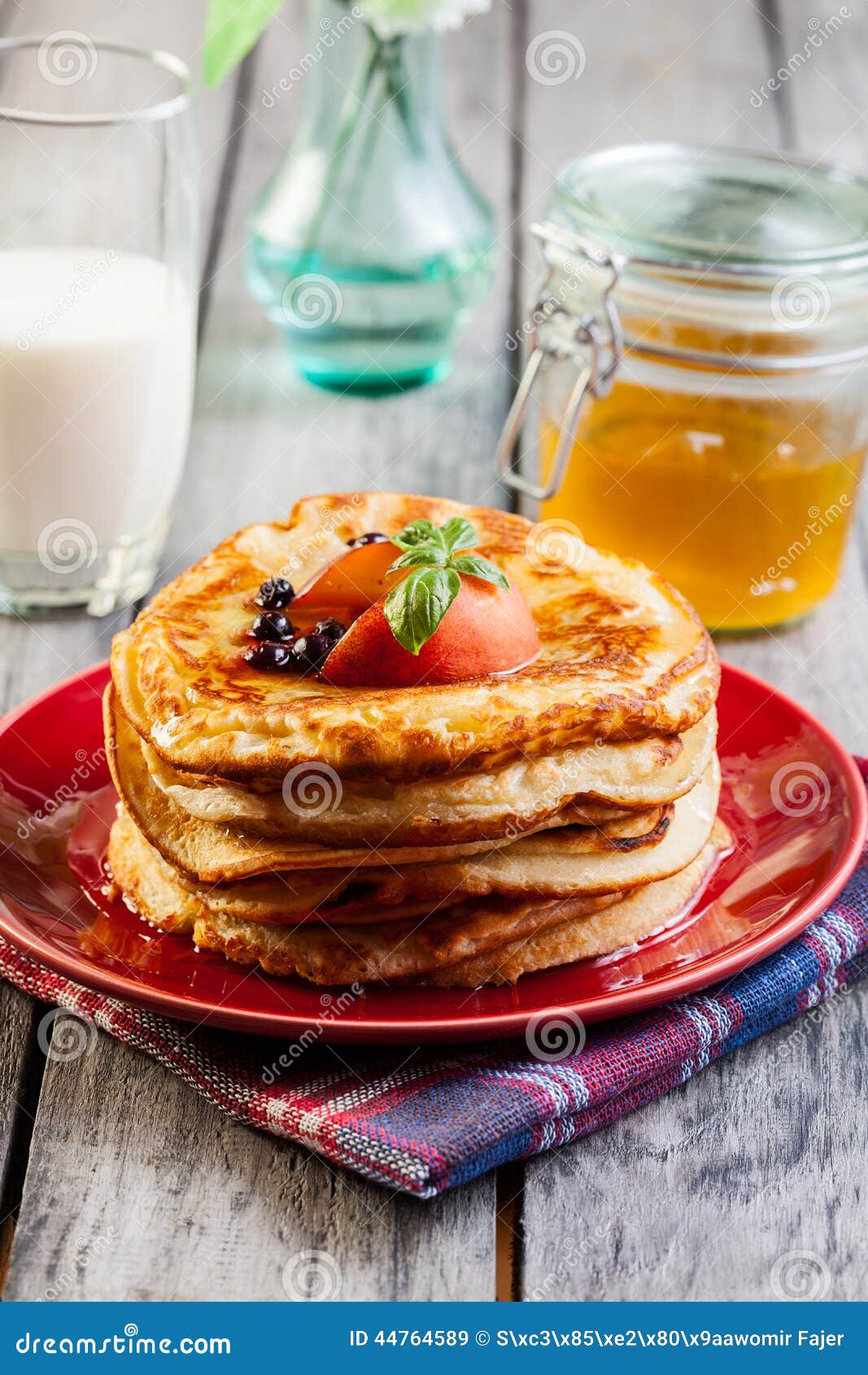 Pancakes with Honey, Fruit and Glass of Milk Stock Image - Image of ...