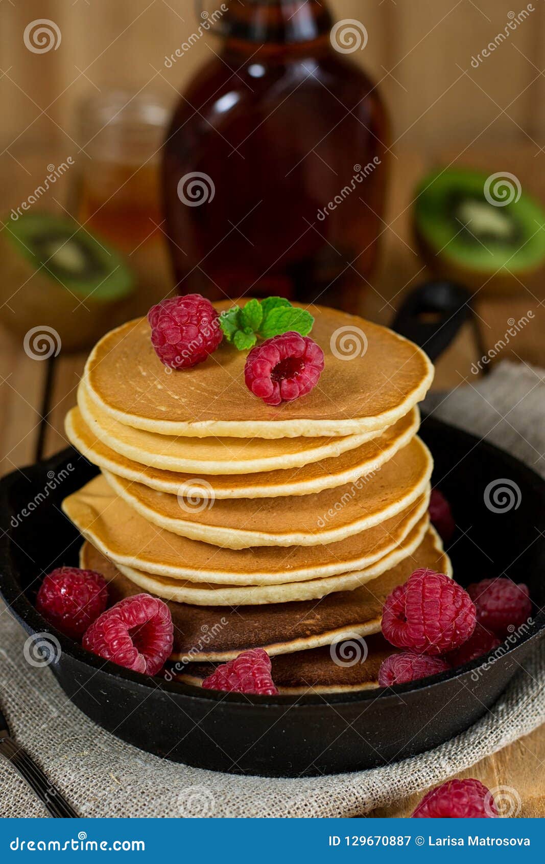Pancakes Hotcakes with Berries and Fruit Served with Maple Syrup Stock ...
