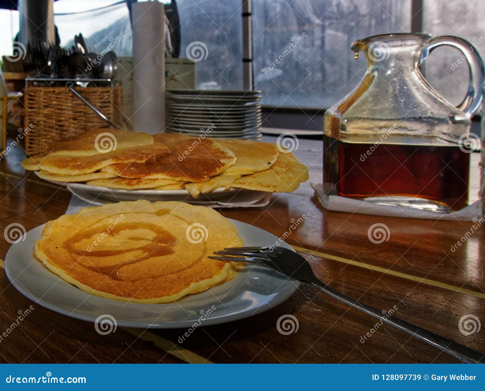 Pancakes and maple syrup stock image. Image of meal - 128097739