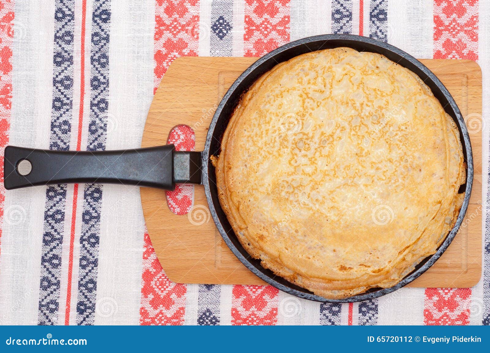 Pancakes in Pan, Top View. Tablecloth with Patterns Stock Photo - Image ...