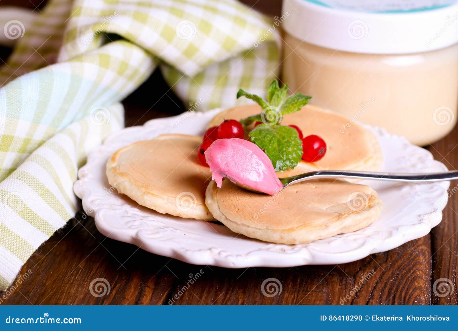 Pancakes on a Plate for Breakfast with Jam, Horizontal Stock Photo ...