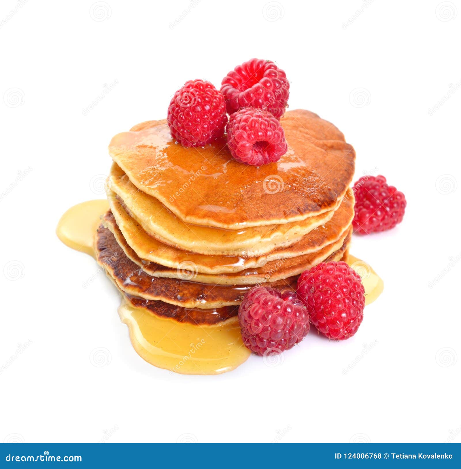 Pancakes with Raspberries and Honey or Maple Syrup. Isolated on White ...
