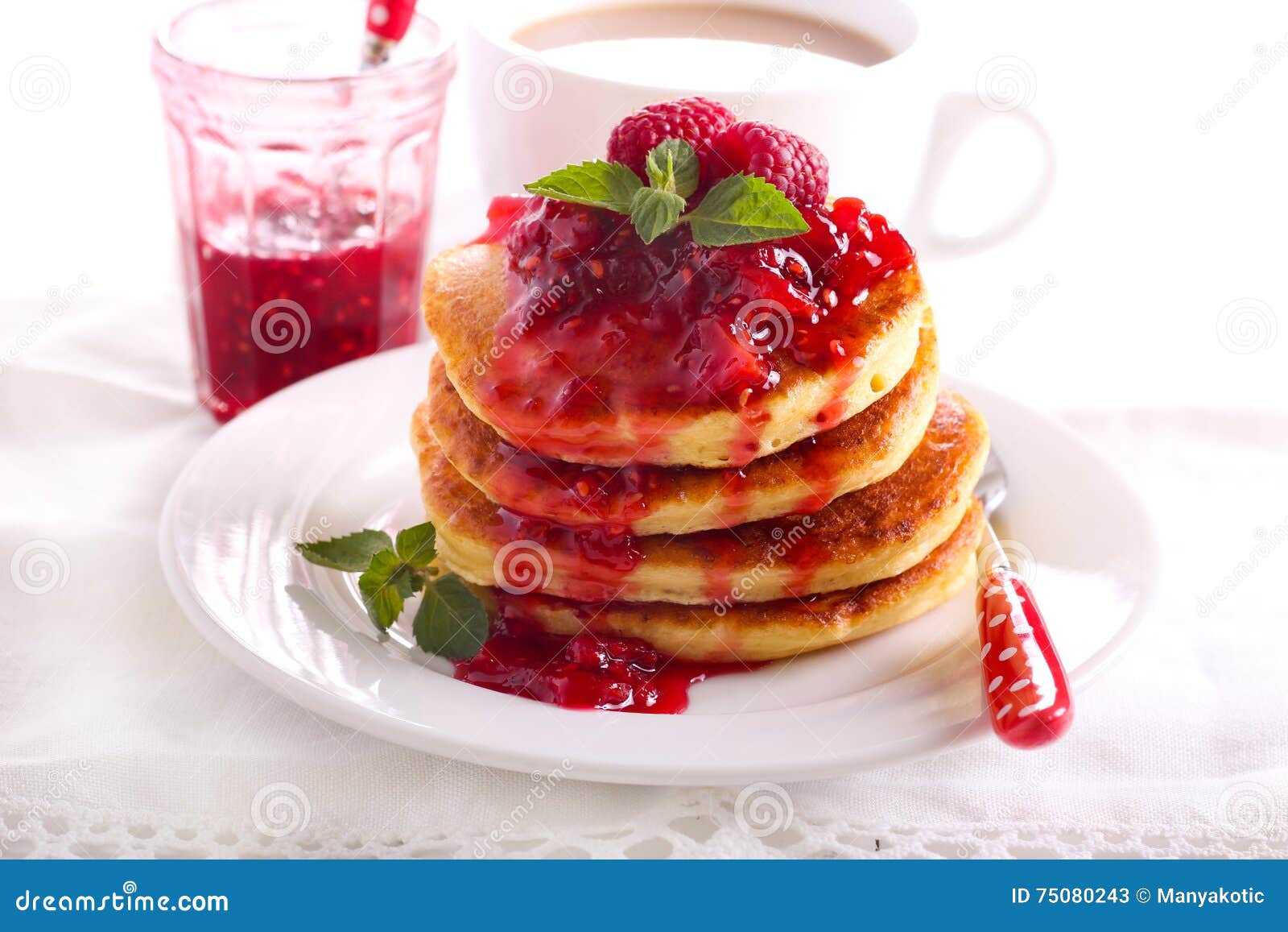 Pancakes with Raspberry and Peach Coulis Stock Image - Image of ...