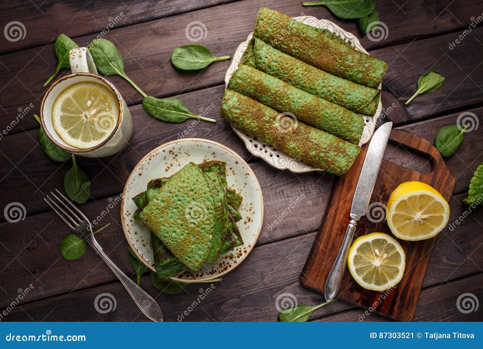 Pancakes with Spinach on Wood Table. Top View Stock Image - Image of ...