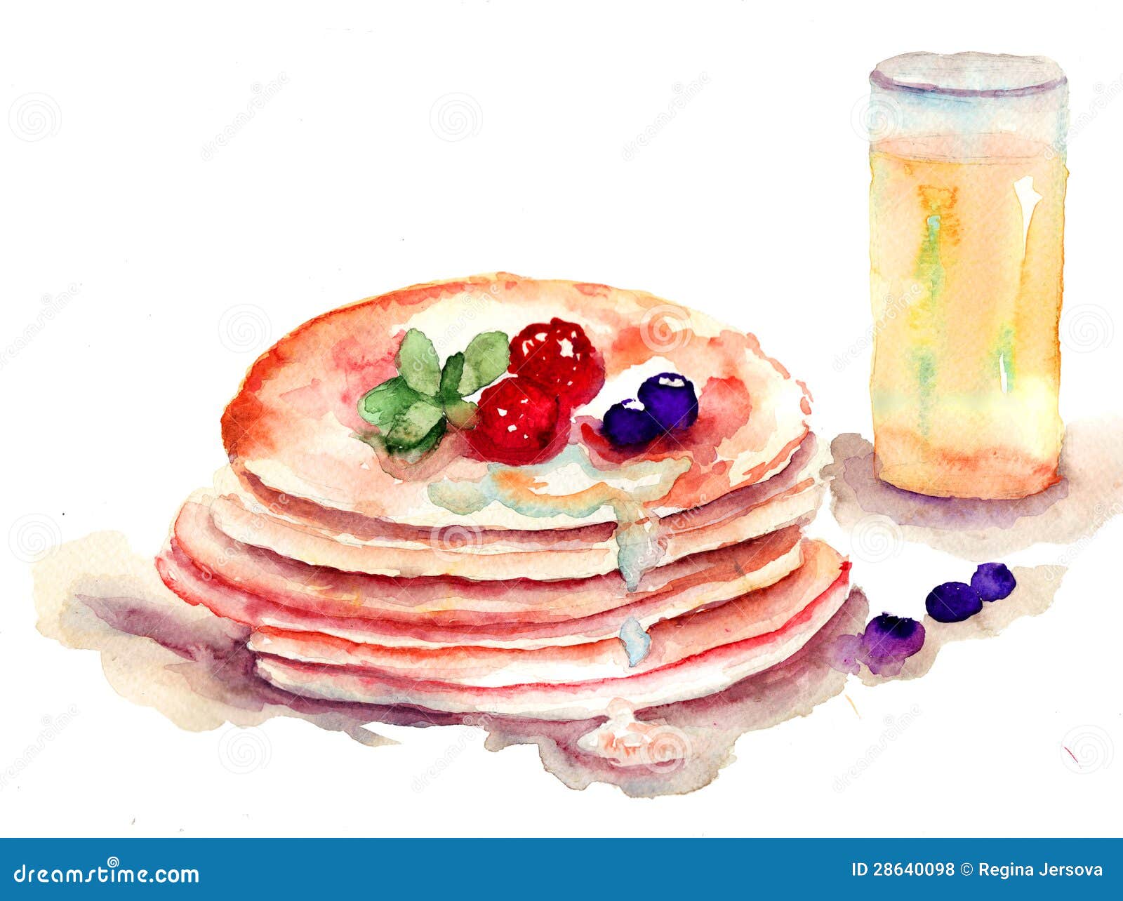 Pancakes Stack with Fresh Berries and Juice Stock Illustration ...
