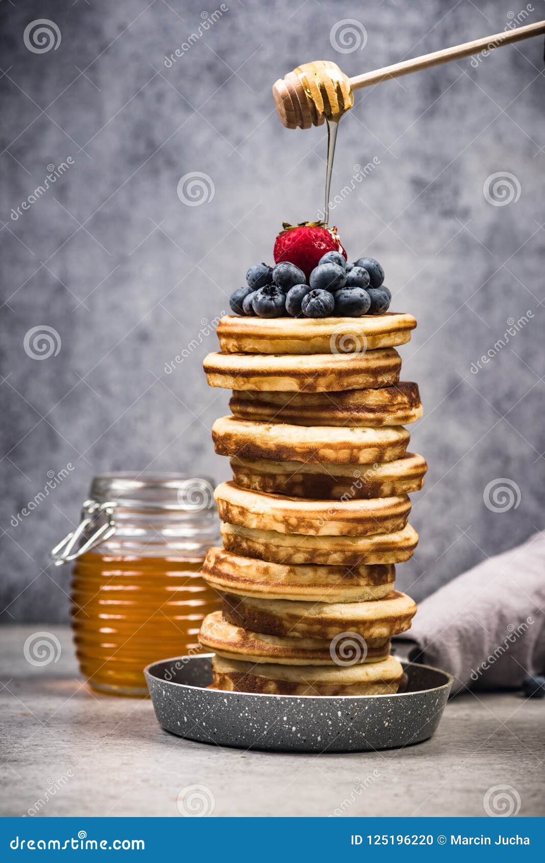 Pancakes Stack Topped with Fruits and Maple Syrup Stock Photo - Image ...