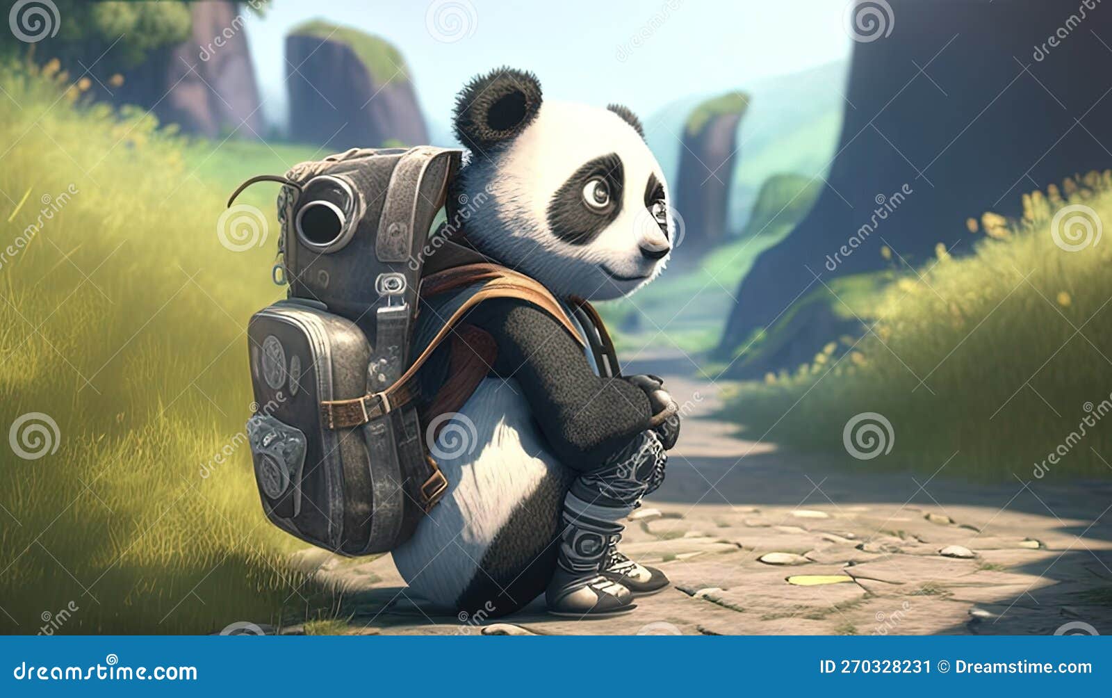 Panda Backpacker Explores World with Joy, Illustration Stock ...