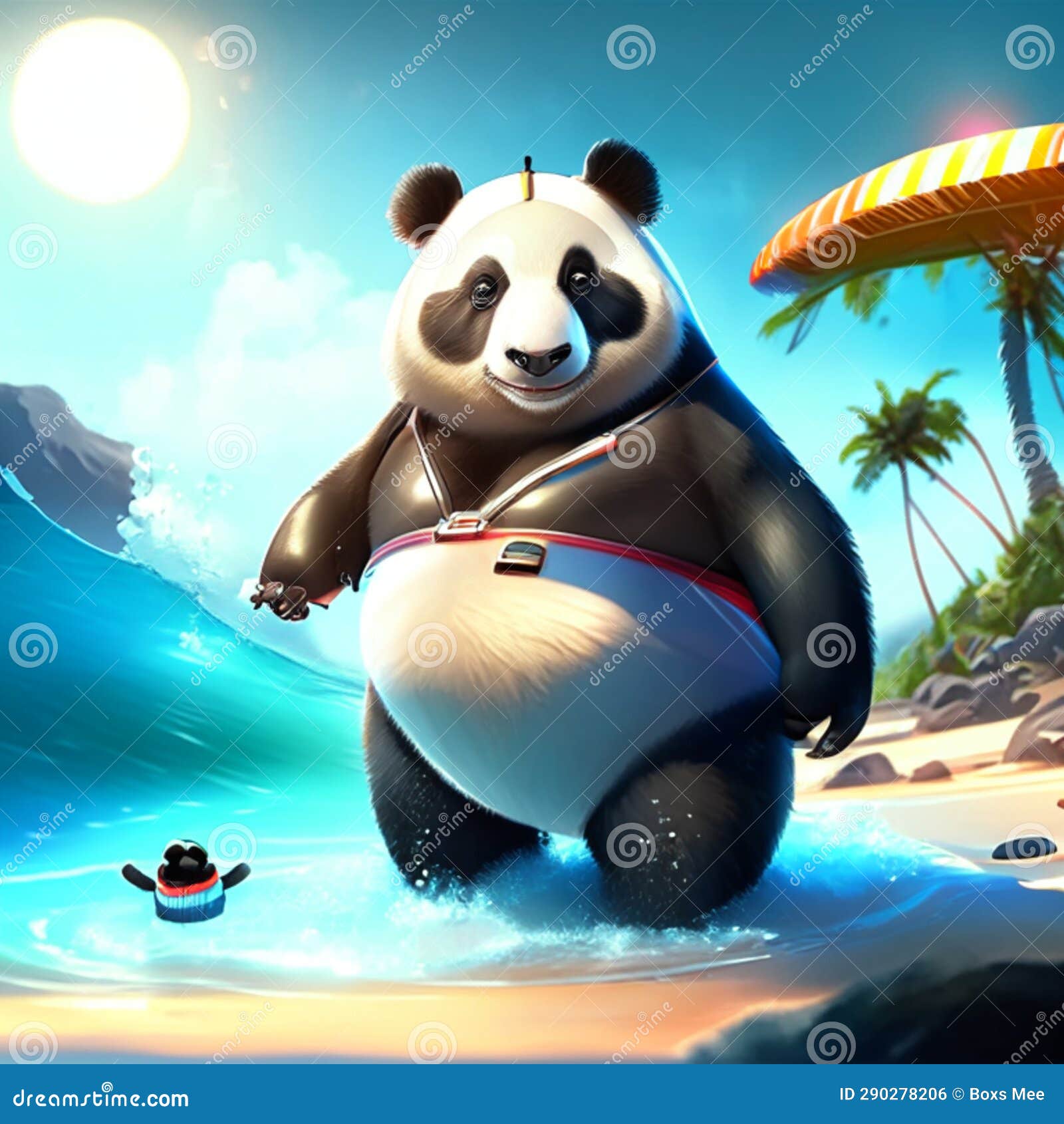 Panda on the Beach in the Summer, 3d Rendering. Generative AI Stock ...