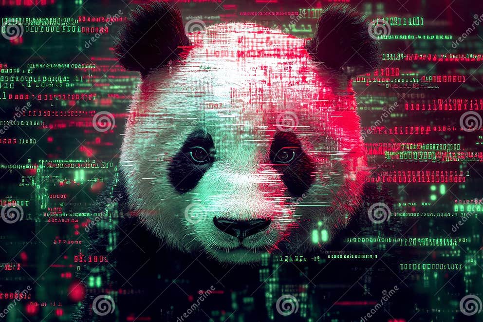 A Panda Bear Against a Backdrop of Code and Binary Data Back Ground Cybersecurity and Digital ...