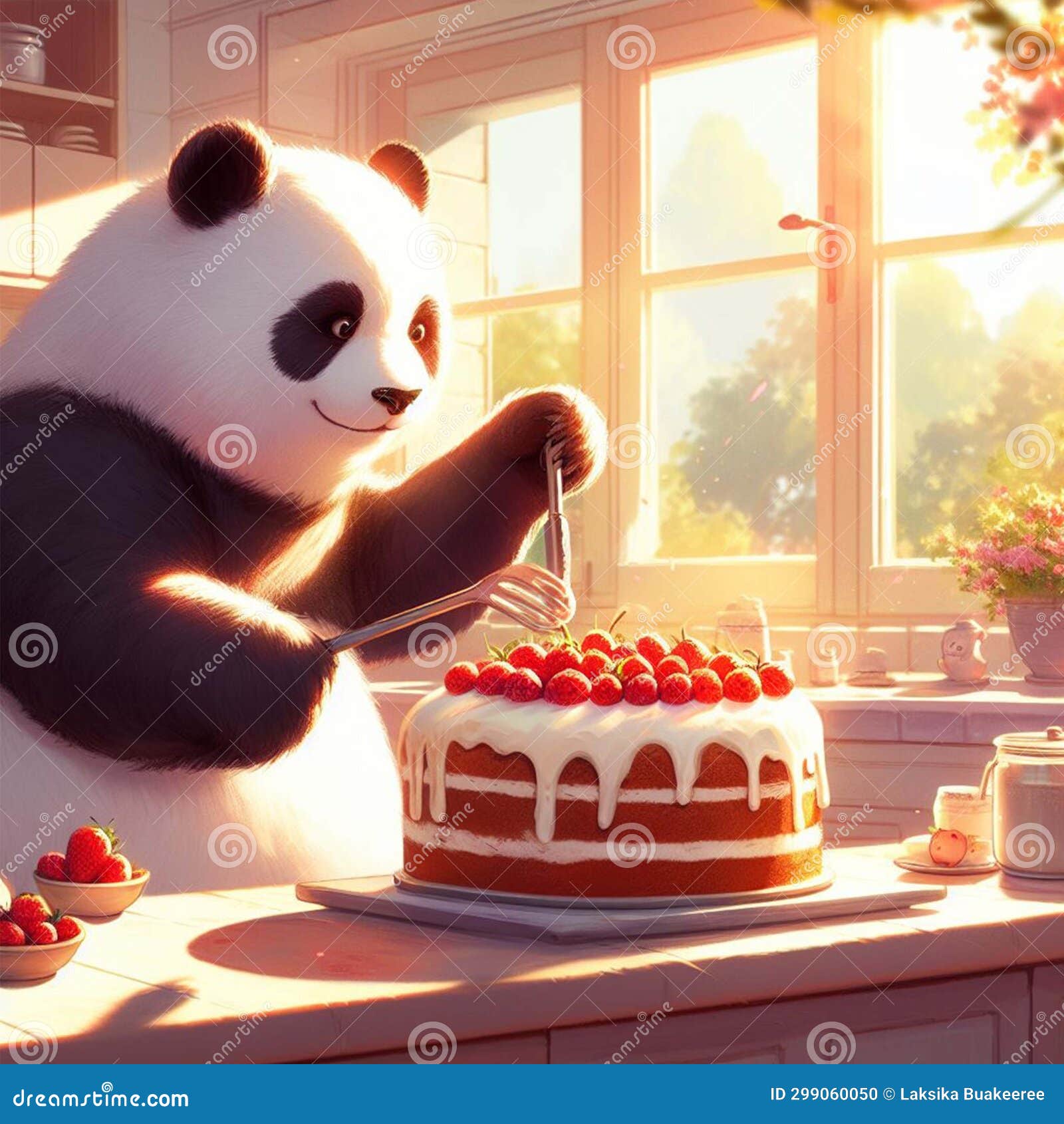 A Panda Bear Baking a Cake in a Sunny Kitchen, Digital Art Stock ...