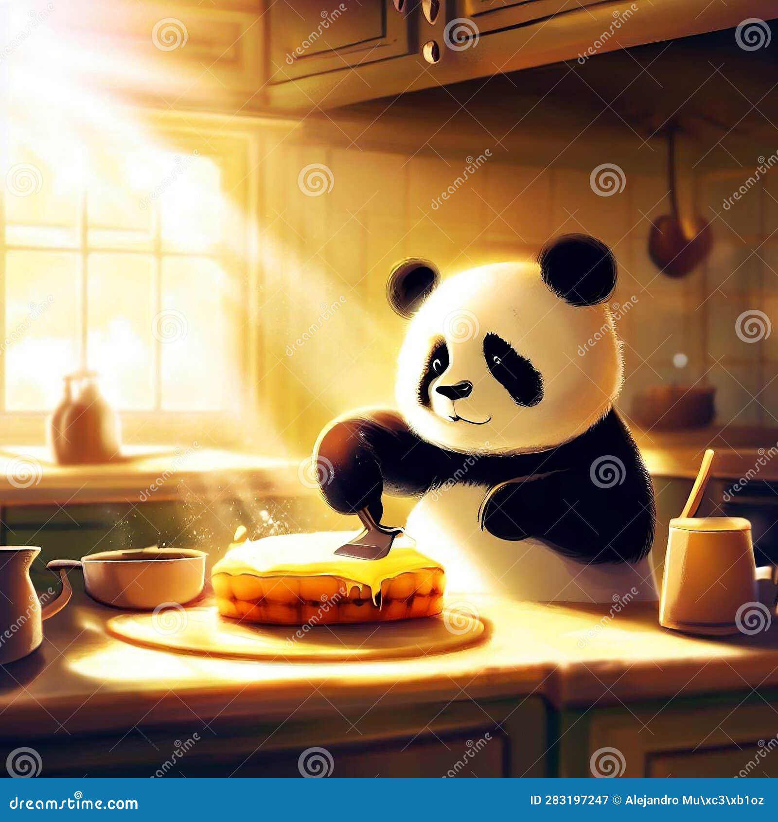 A Panda Bear Baking a Cake in a Sunny Kitchen, Digital Art Stock ...