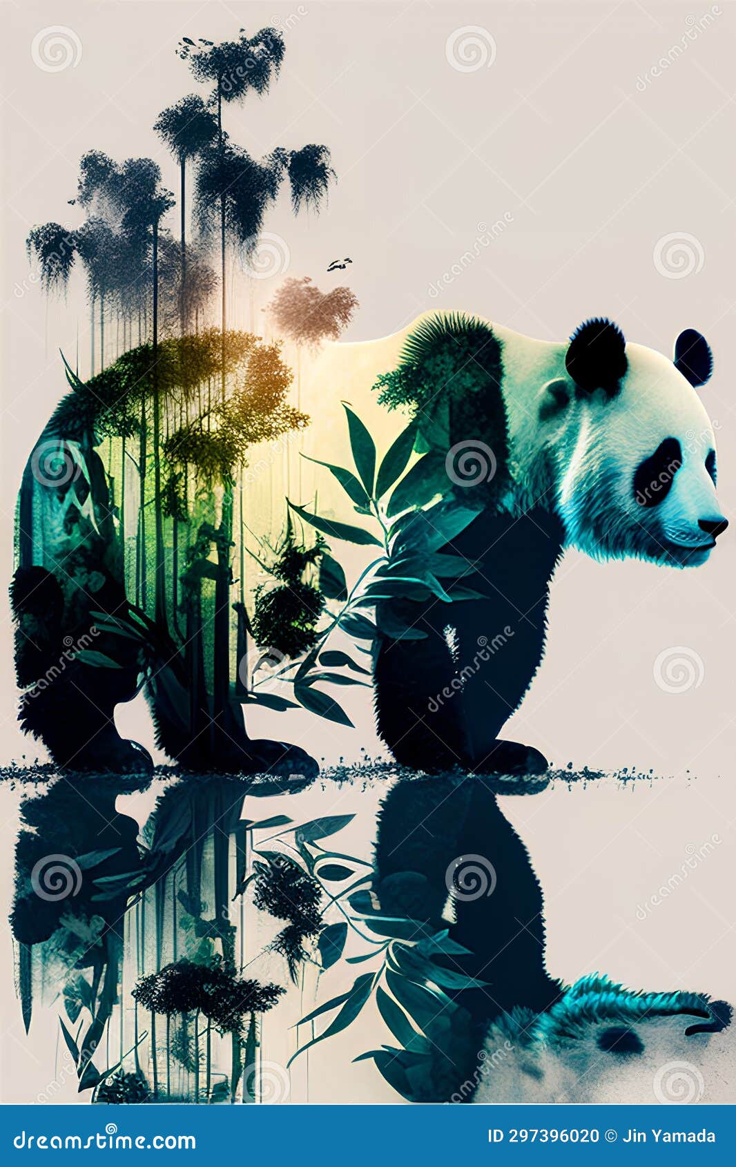 Panda Bear in Bamboo Forest with Reflection in Water. Vector ...