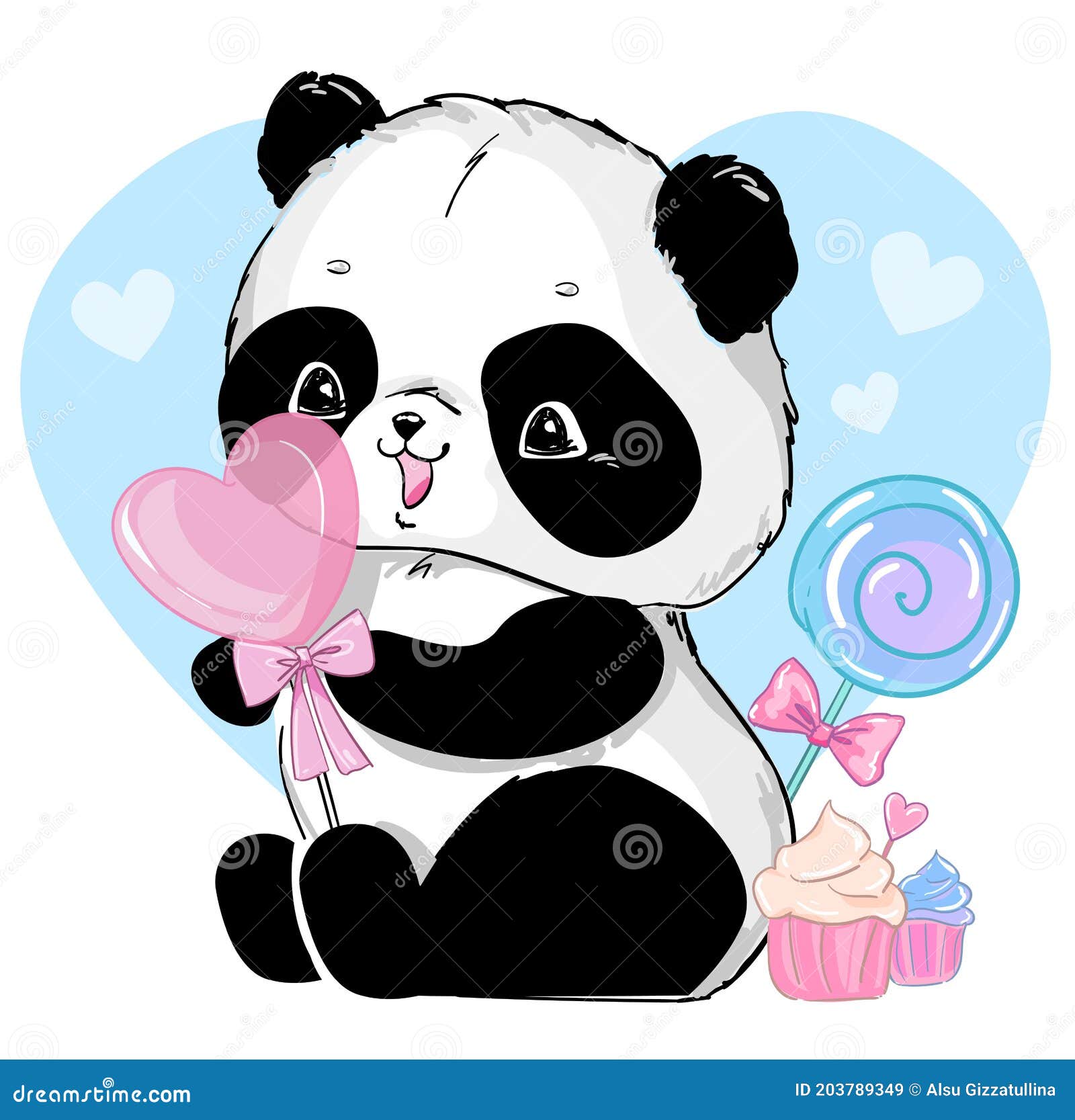 Panda Bear with Candy Heart Vector Illustration and Blue Background ...