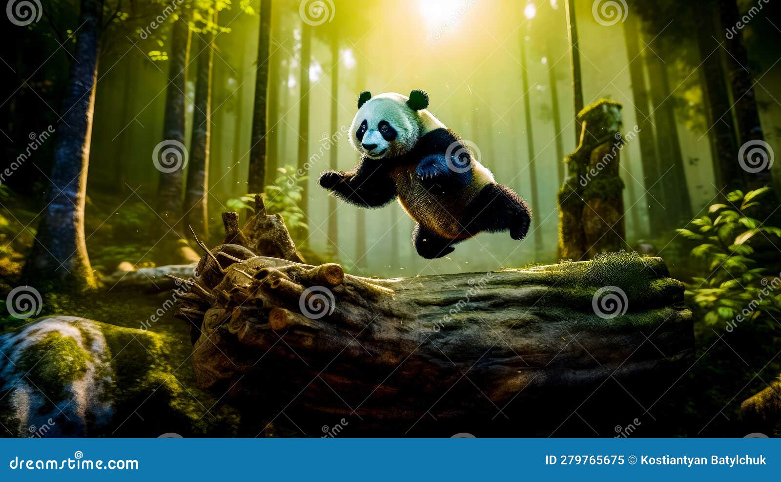 Panda Bear Jumping in the Air Over Tree Trunk in Forest. Generative AI ...