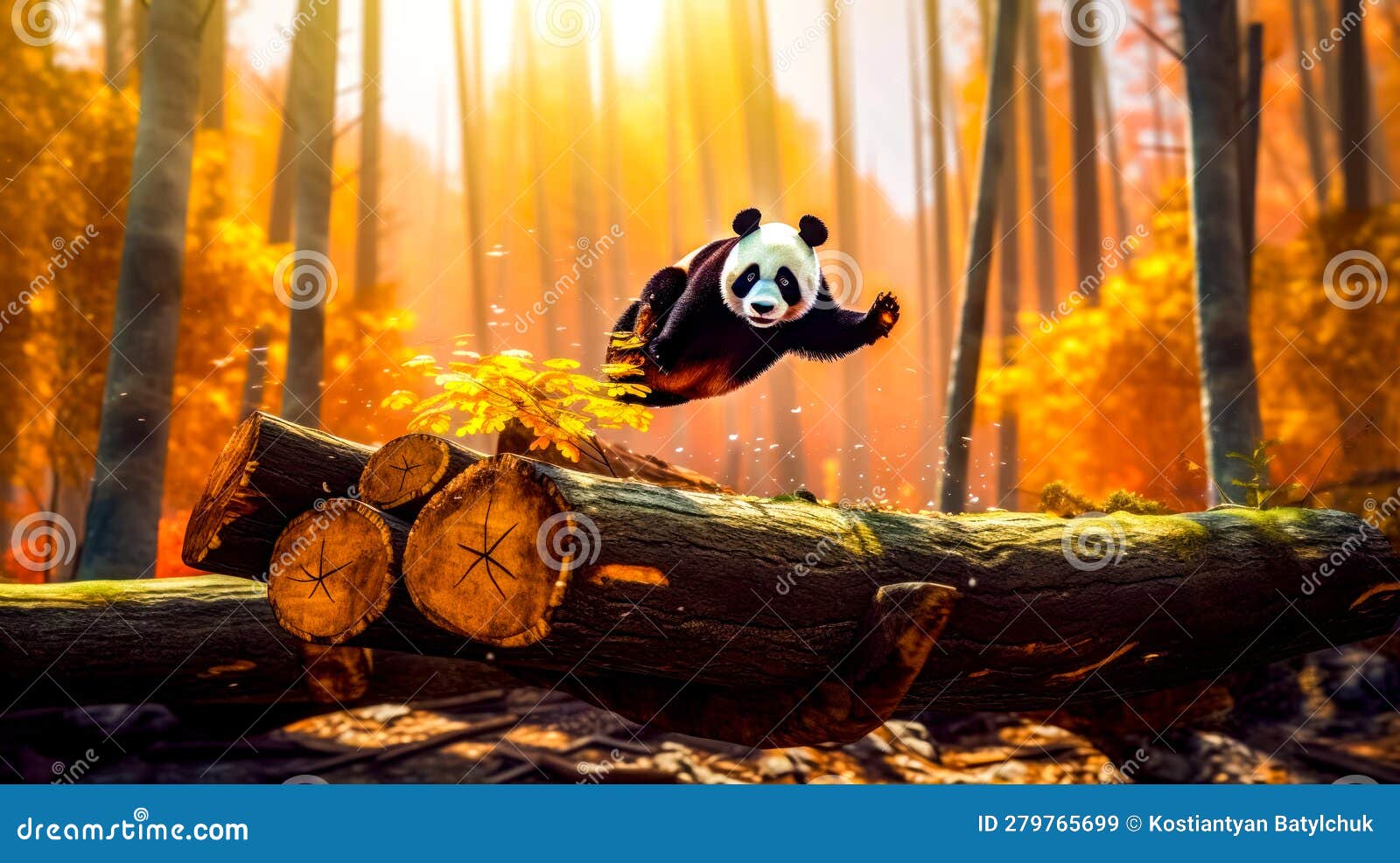 Panda Bear Jumping Over Fallen Tree in Forest with Yellow Leaves ...
