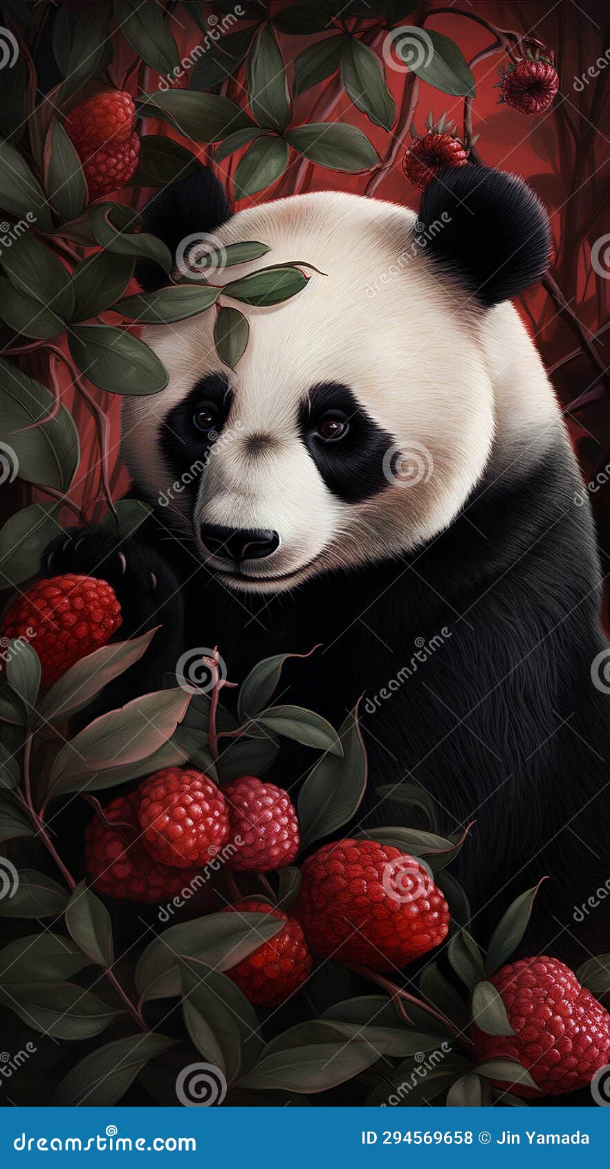 Panda Bear with Red Berries on a Background of Green Leaves. Stock ...