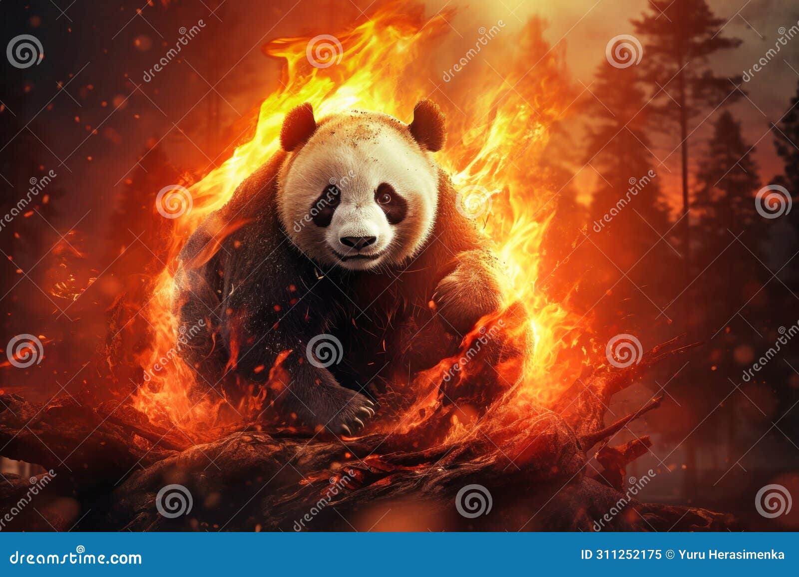 A Panda Bear is Sitting Atop a Pile of Fire, Escaping a Forest Fire ...