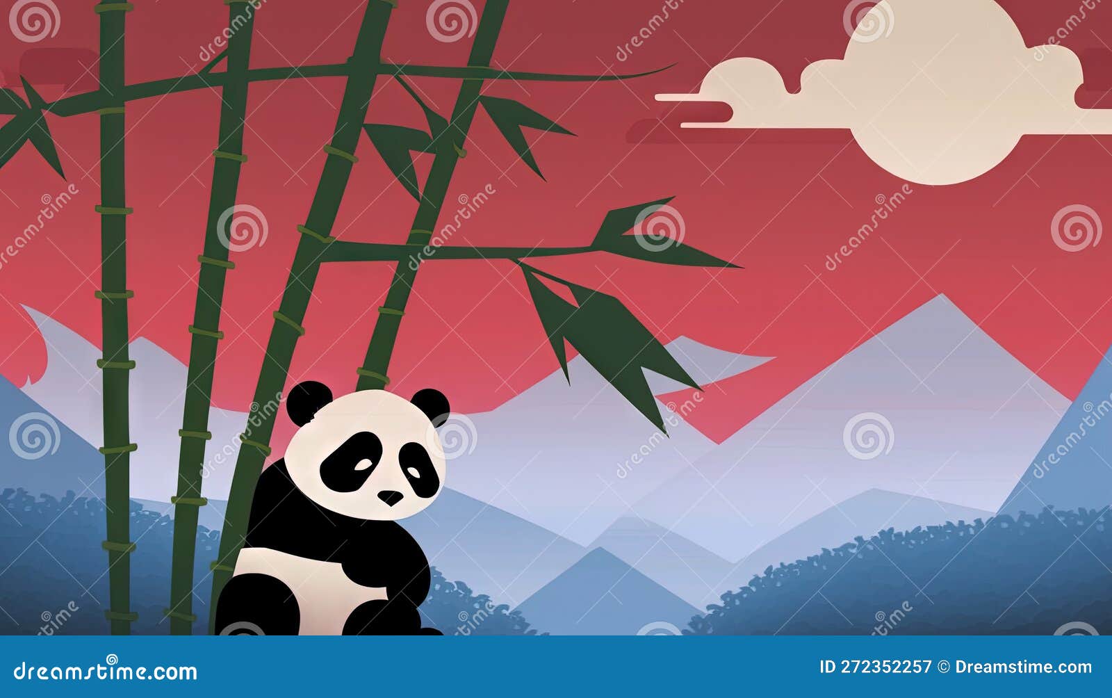 A Panda Bear Sitting on Top of a Bamboo Tree Next To a Mountain Stock ...
