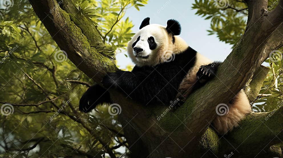 Panda Bear Sitting in Tree. Generative Ai Stock Image - Image of ...
