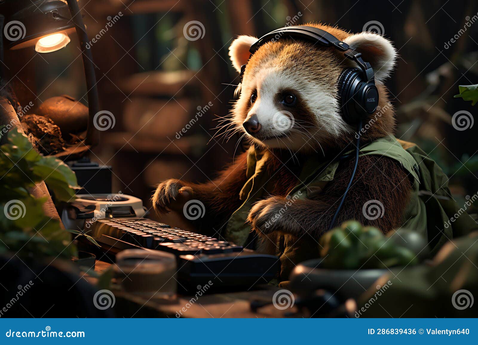 Panda Bear Wearing Headphones Sitting in Front of Computer. Generative ...