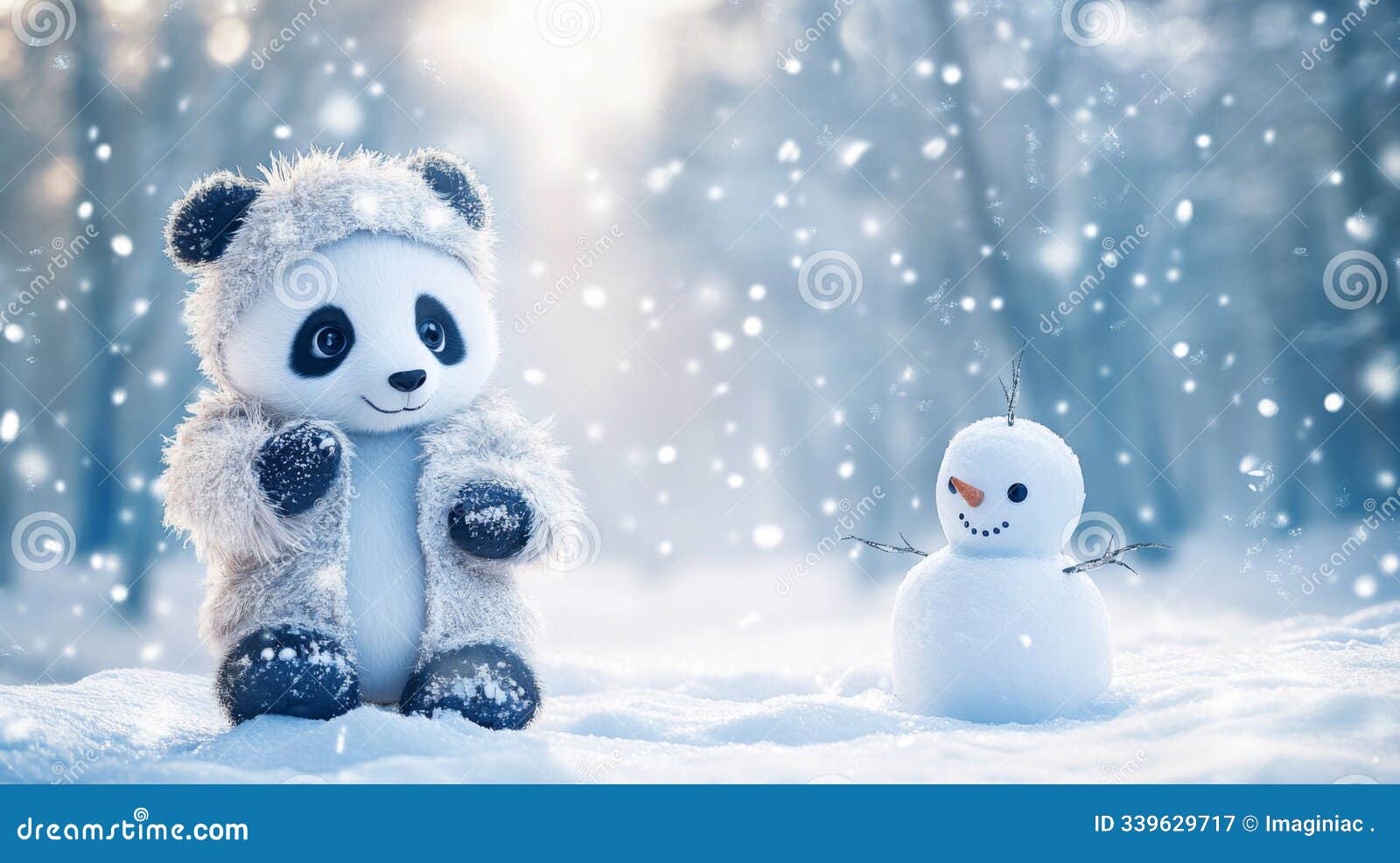 A Panda Bear in a Winter Wonderland with a Snowman Stock Illustration ...