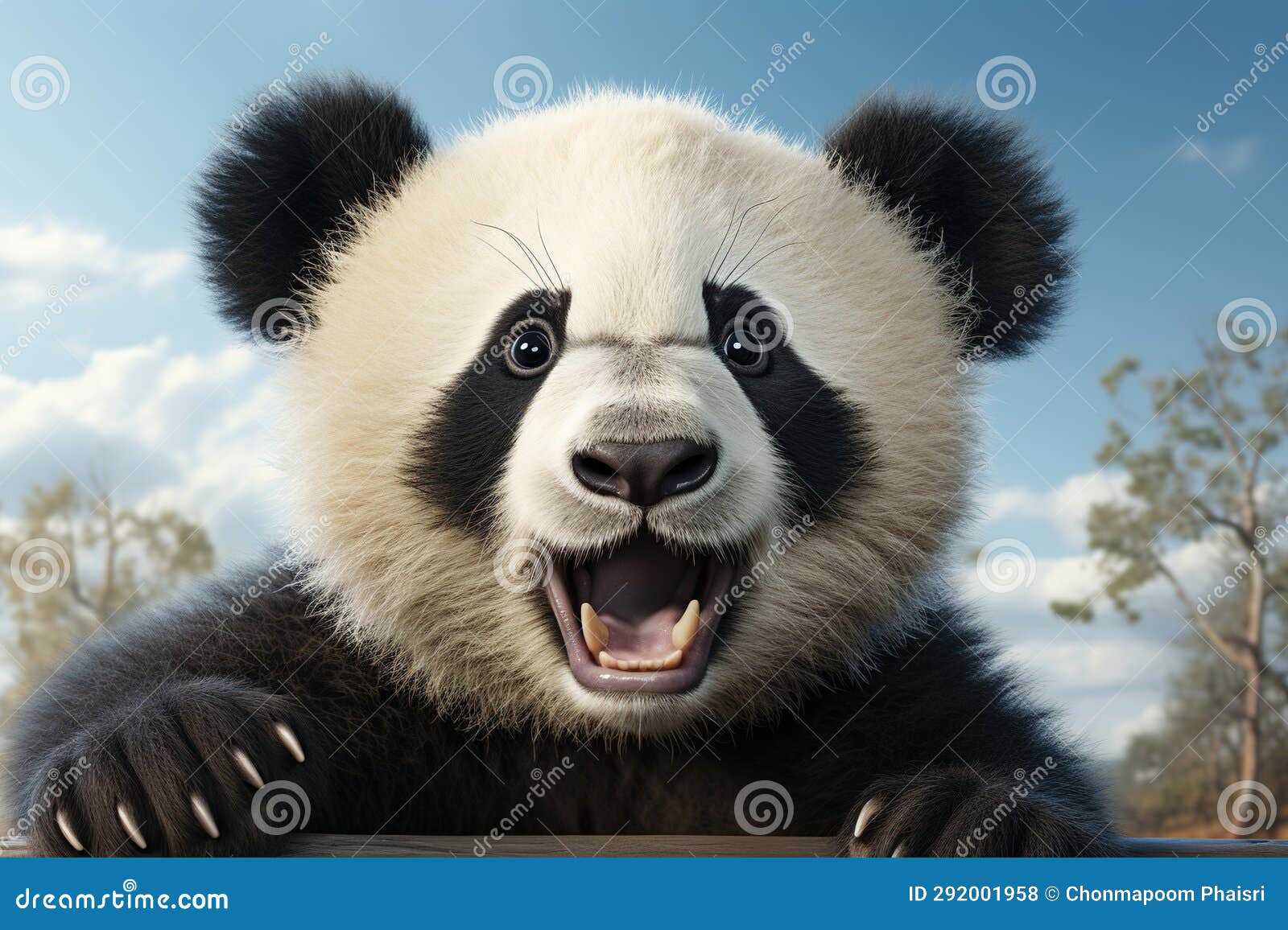 Panda Bear Yawning in Front of Blue Sky. 3d Rendering Generative AI ...