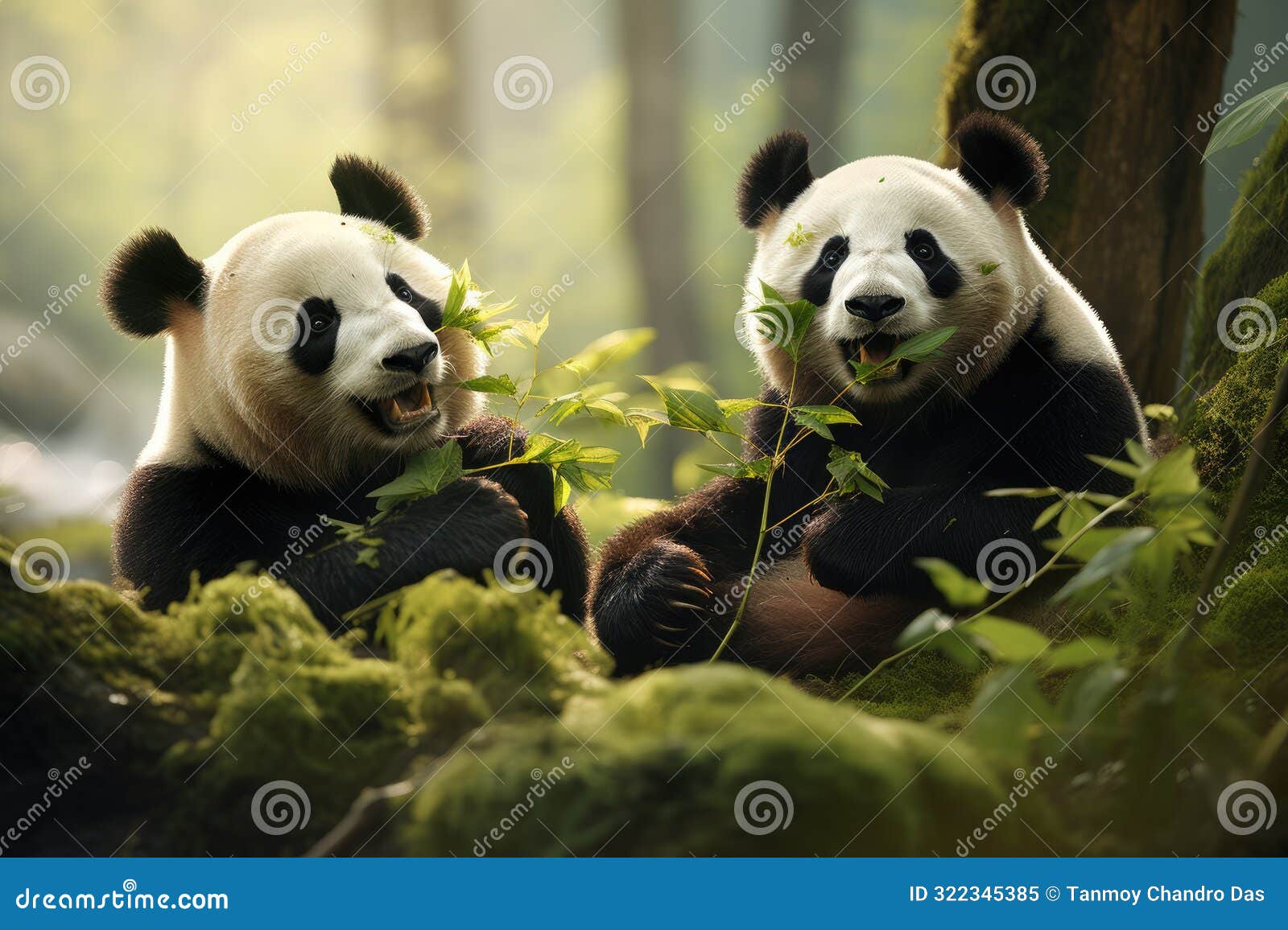 Panda Bears Munching On Bamboo In The Forest, Giant Panda Bears Eating ...
