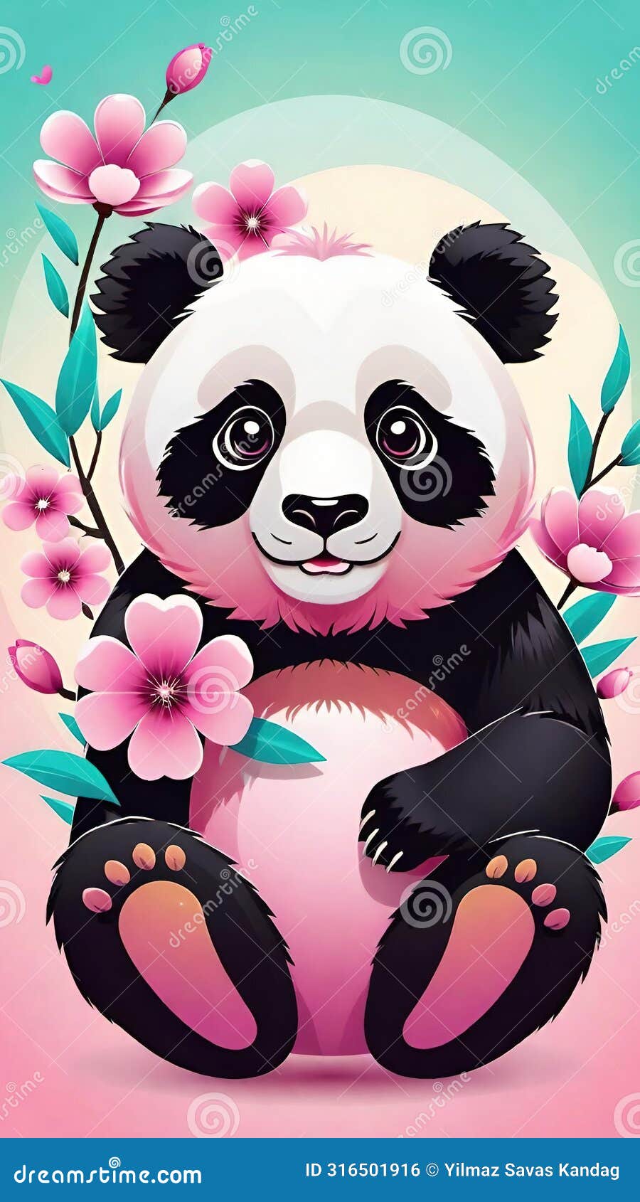 Panda and Cherry Blossom on Background, Vector Illustration. Stock ...